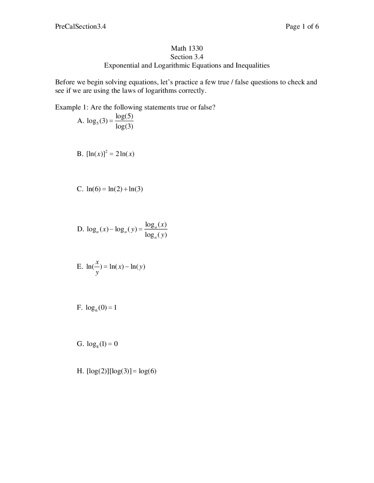 Notes On Exponential And Logarithmic Equations And Inequalities Math