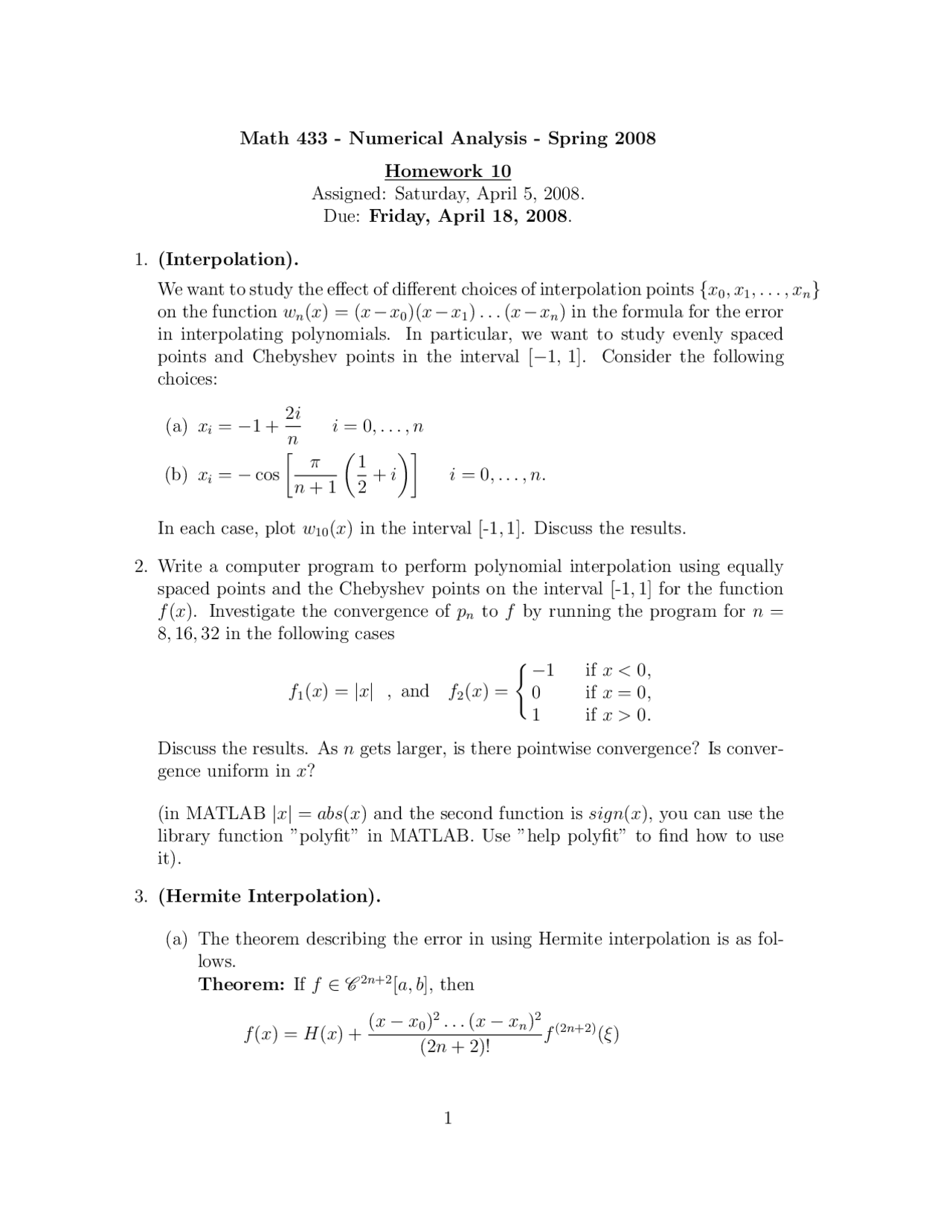 5 Questions Of Numerical Analysis Assignment 10 Math 433 Docsity