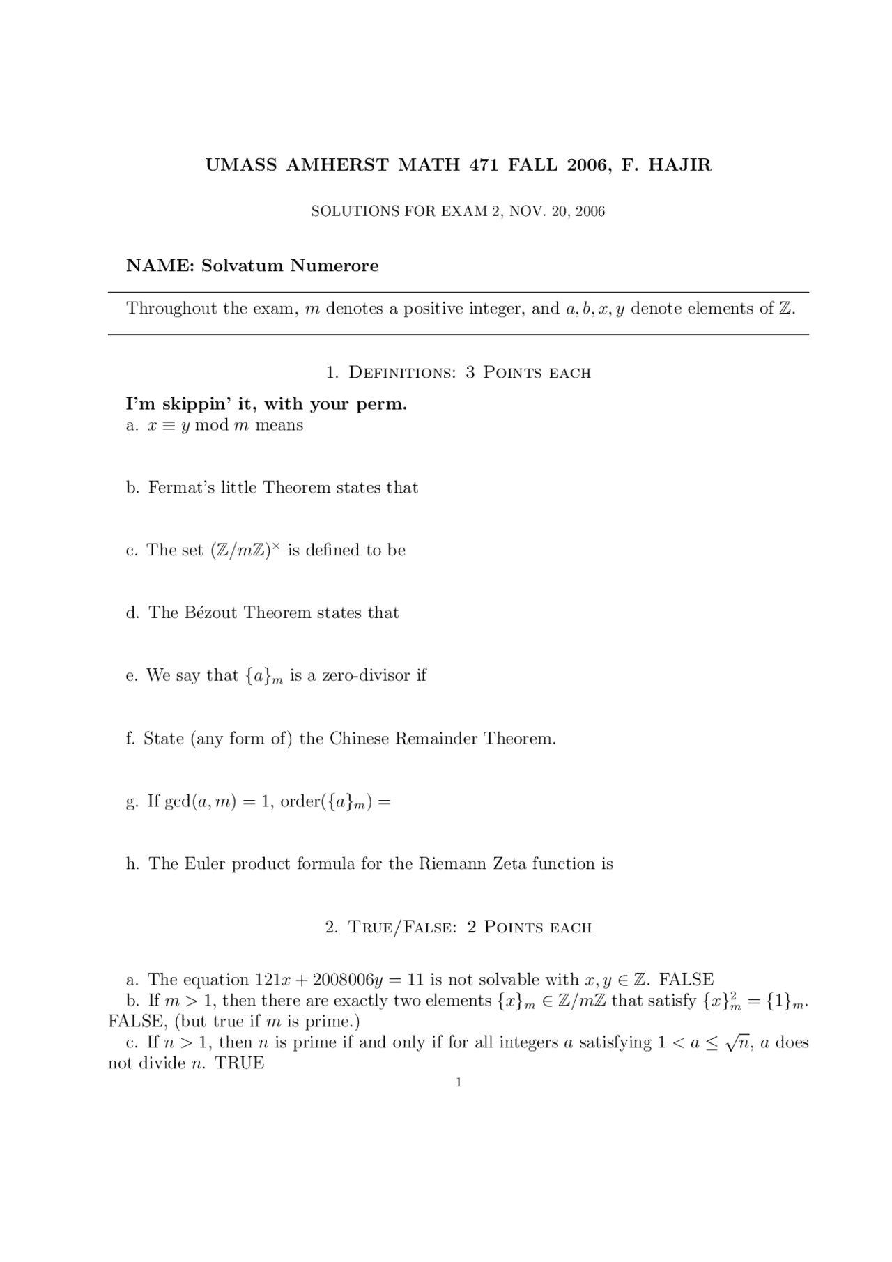 UMASS Amherst Math 471 Exam 2 Solutions, November 2006 | Exams ...