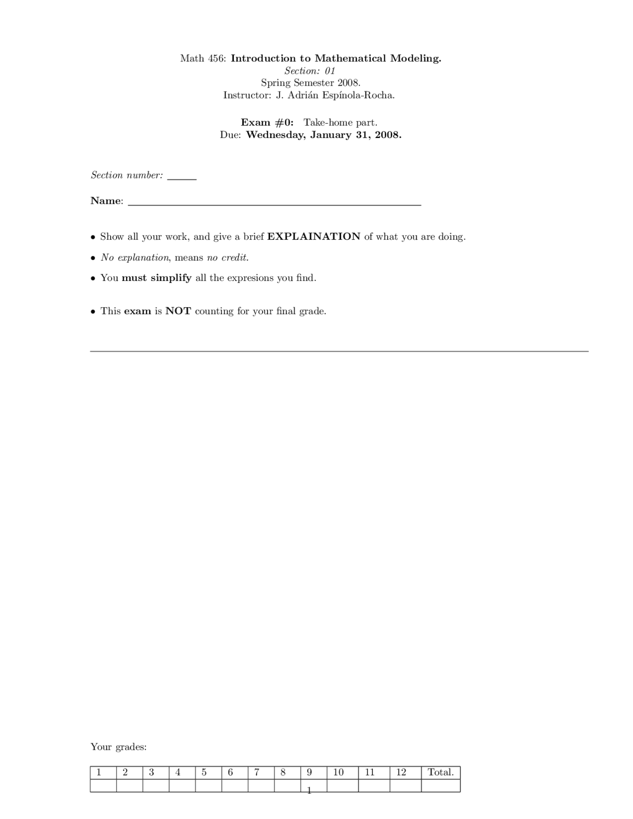 Final Exam With 12 Questions Mathematics Modelling 2008 Math 456