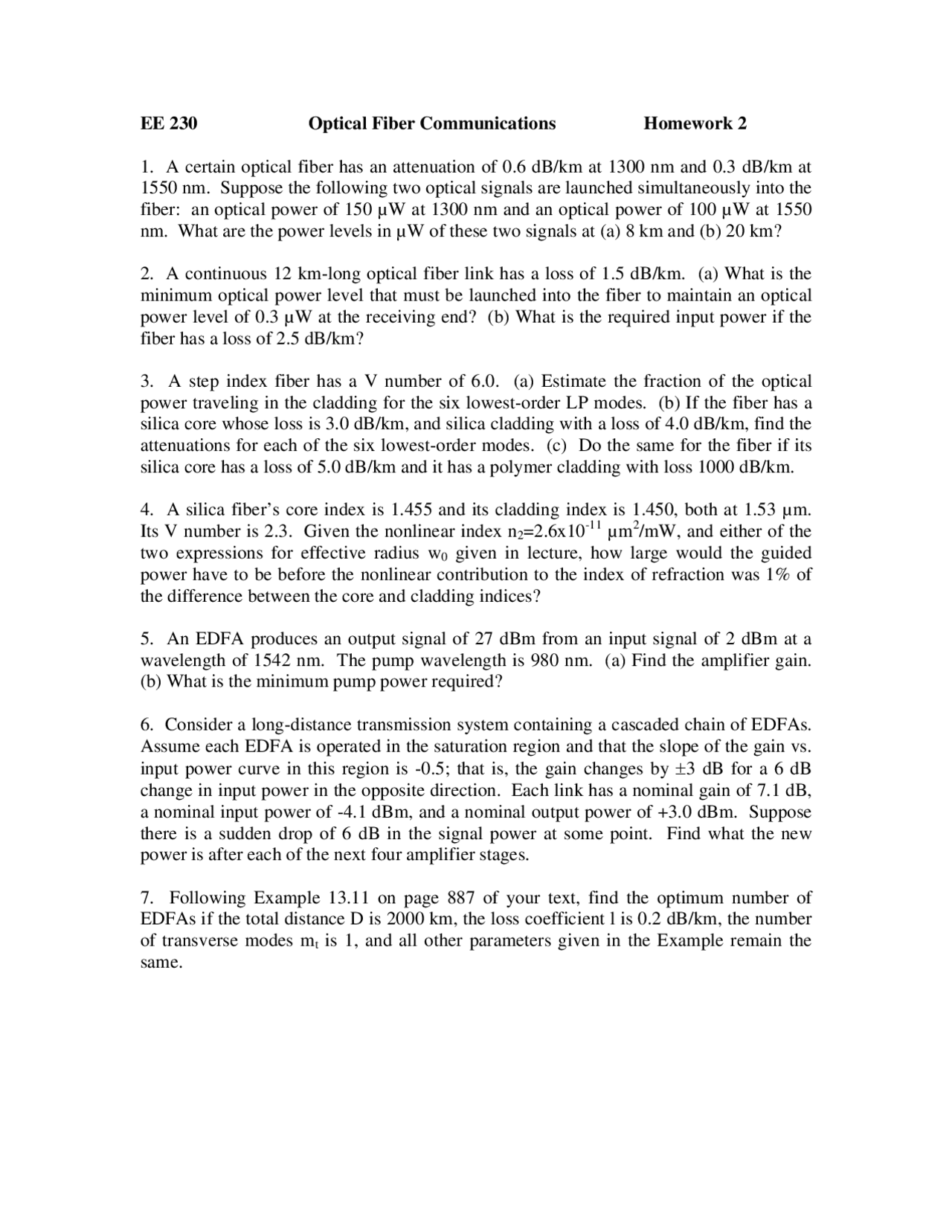 Optical Fiber Communications Homework 2 Ee 230 Docsity