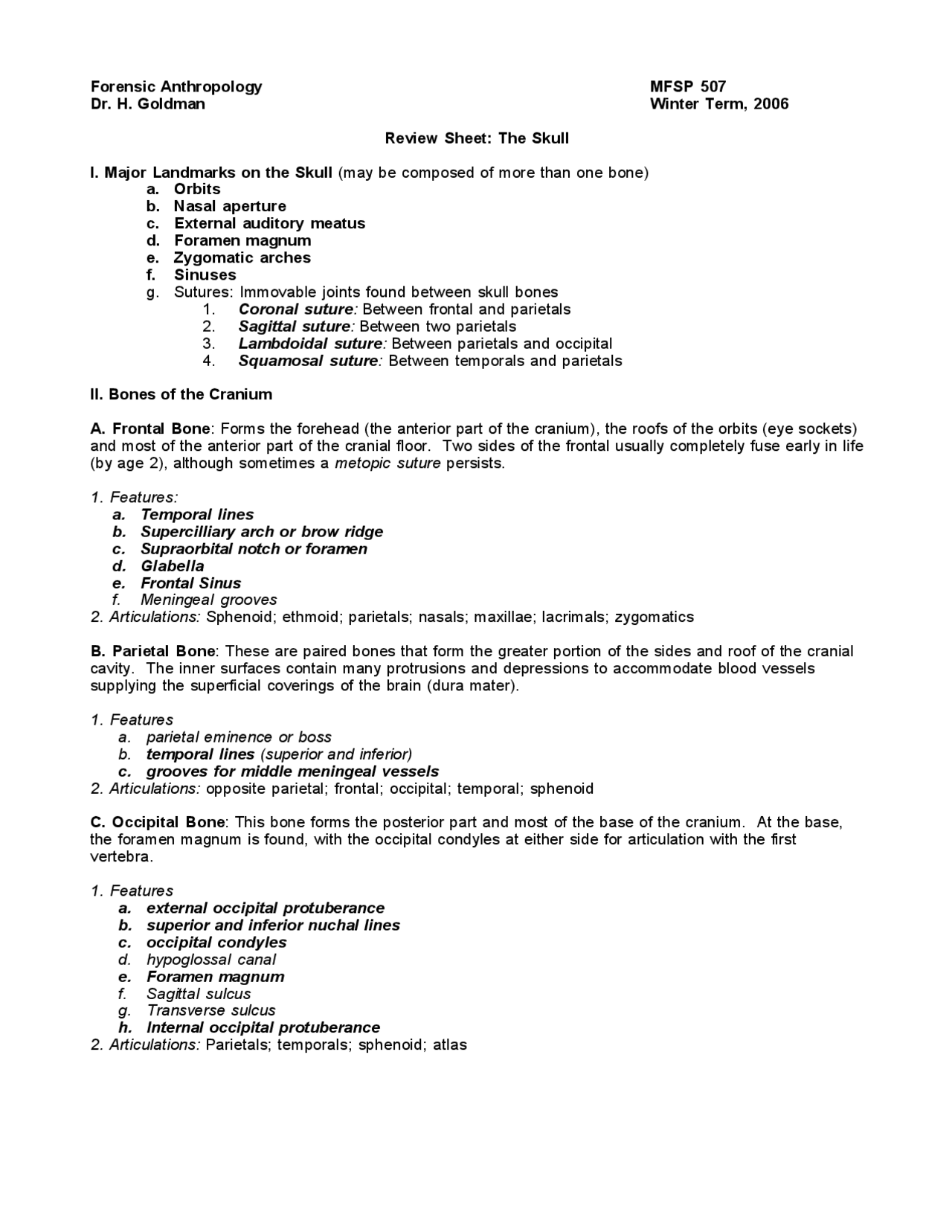 Introduction to Forensic Anthropology I - Review Sheet | MFSP 507 - Docsity