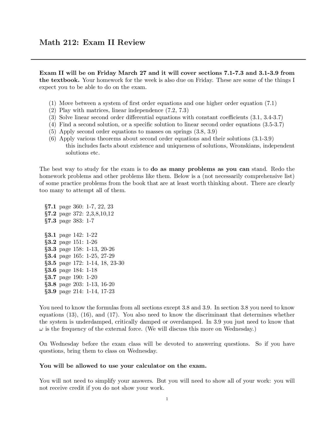 Exam 2 Review Problems - Differential Equations | MATH 212 - Docsity