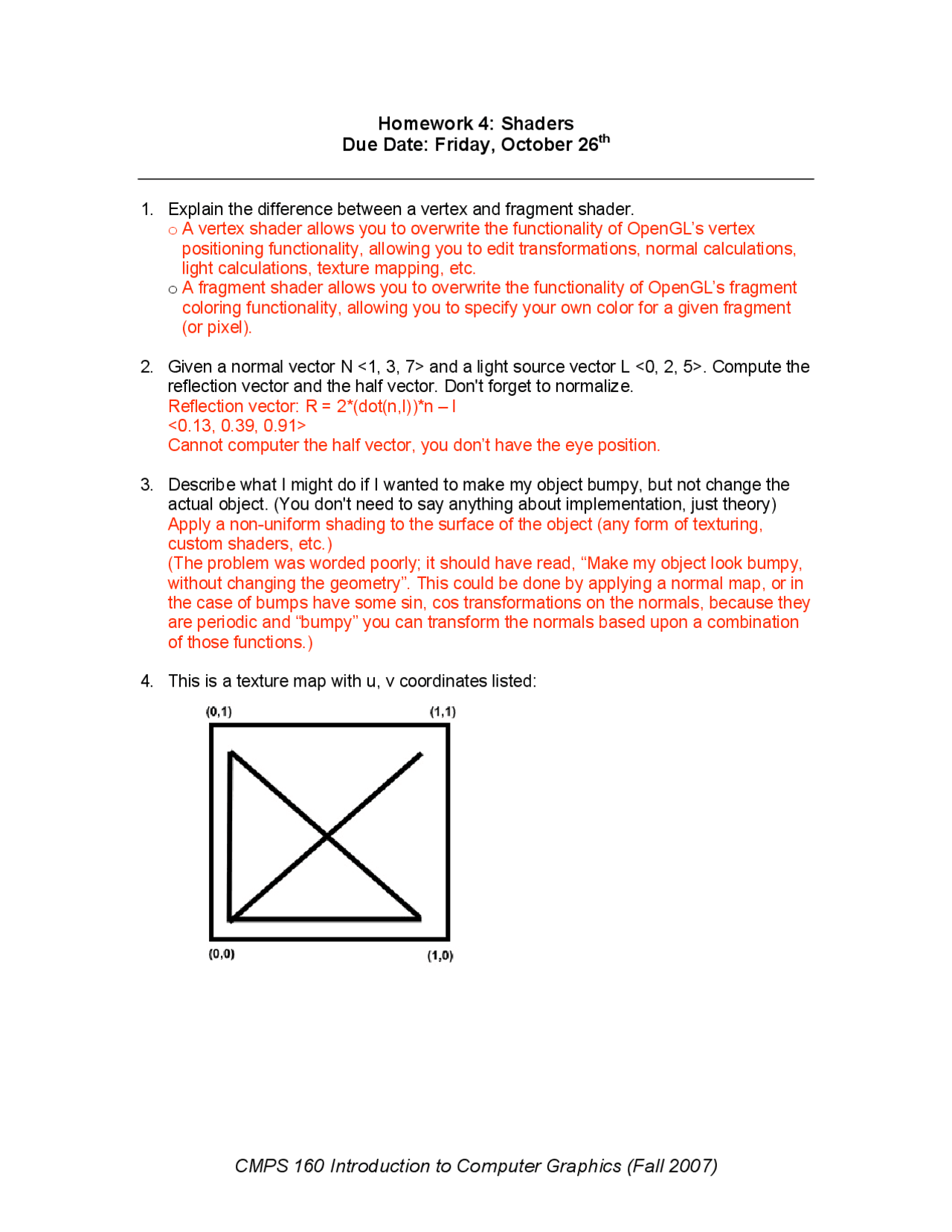 Introduction To Computer Graphics Homework Iv Solved Cmps 160 Docsity