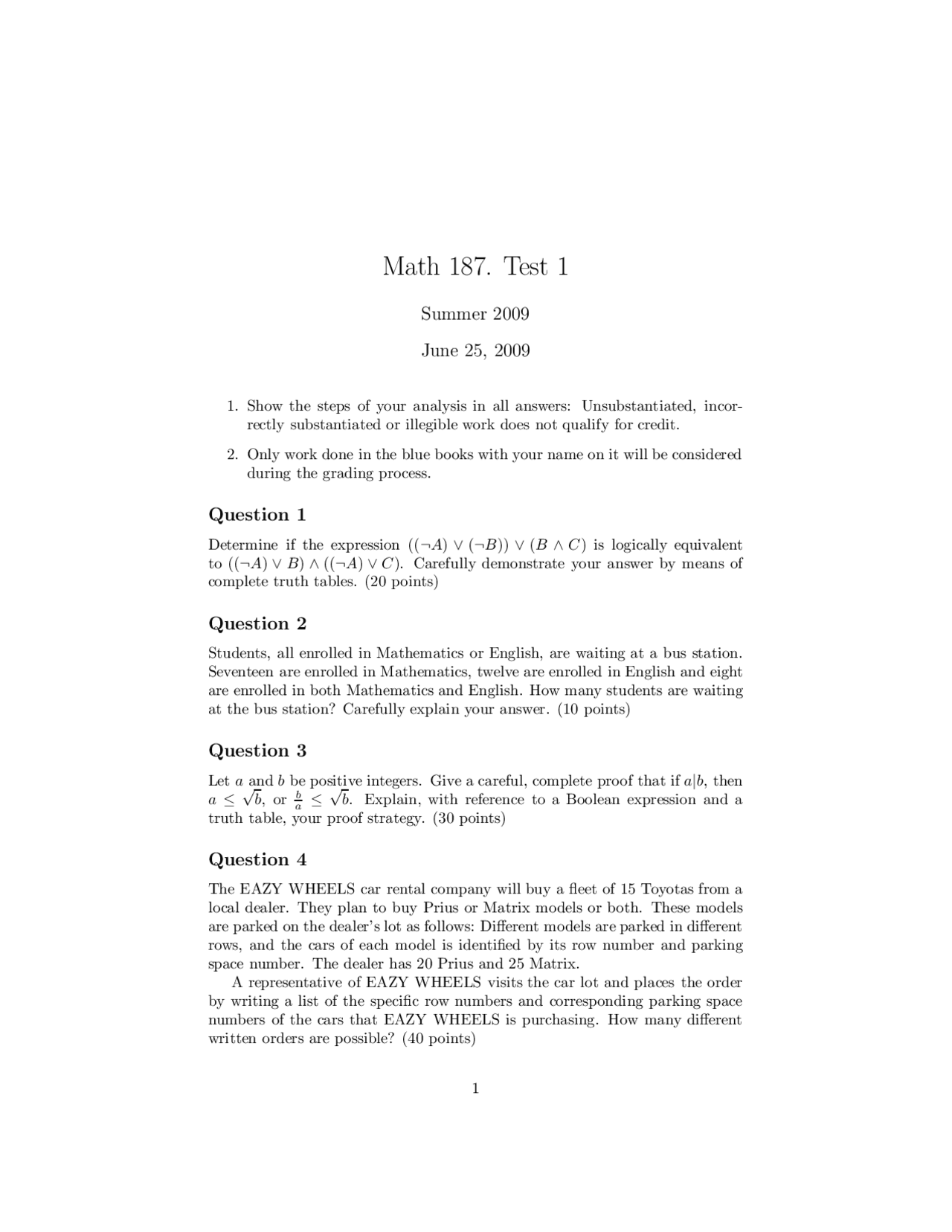 Exam 1 Discrete And Foundational Mathematics I 2009 Math 187