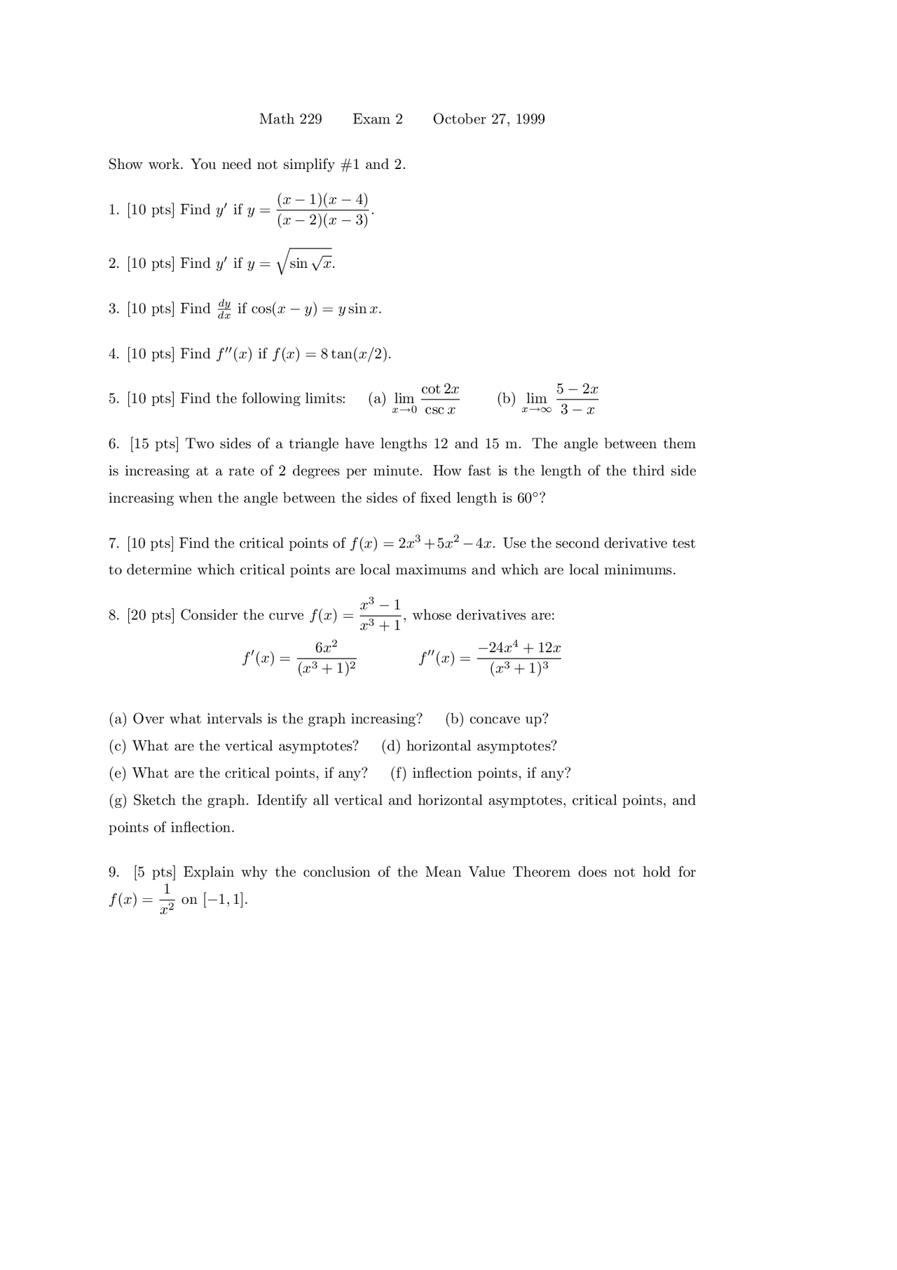Calculus I - Fall 1999 - Practice Examination 2 | MATH 229 | Exams ...