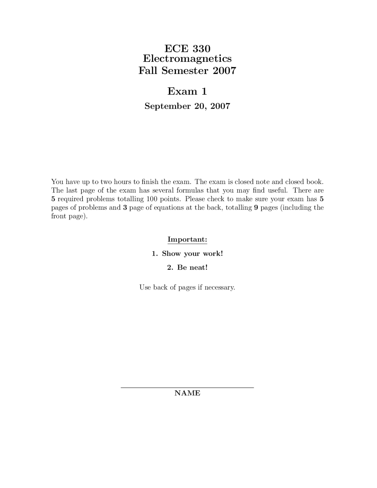 5 Questions Exam For Electromagnetic Theory Ece 330 Docsity