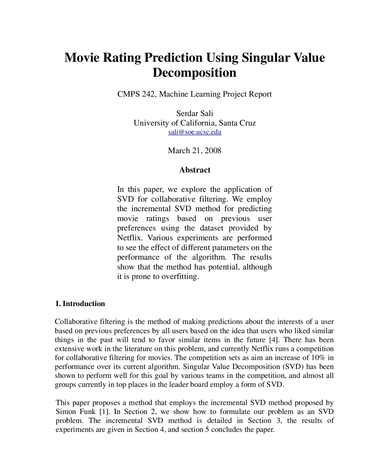 Movie Rating Prediction Using Singular Value Decomposition Cmps 242 Docsity