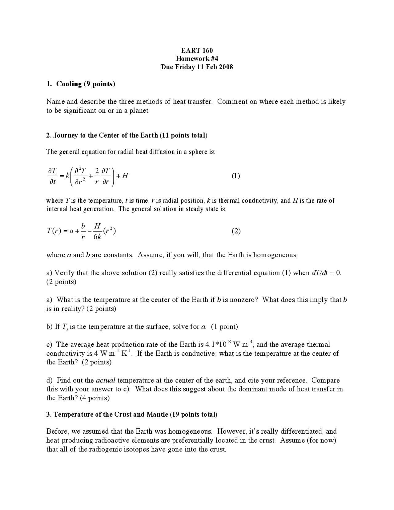 Sample Homework 4 Planetary Science Fall 2008 Eart 160 Docsity
