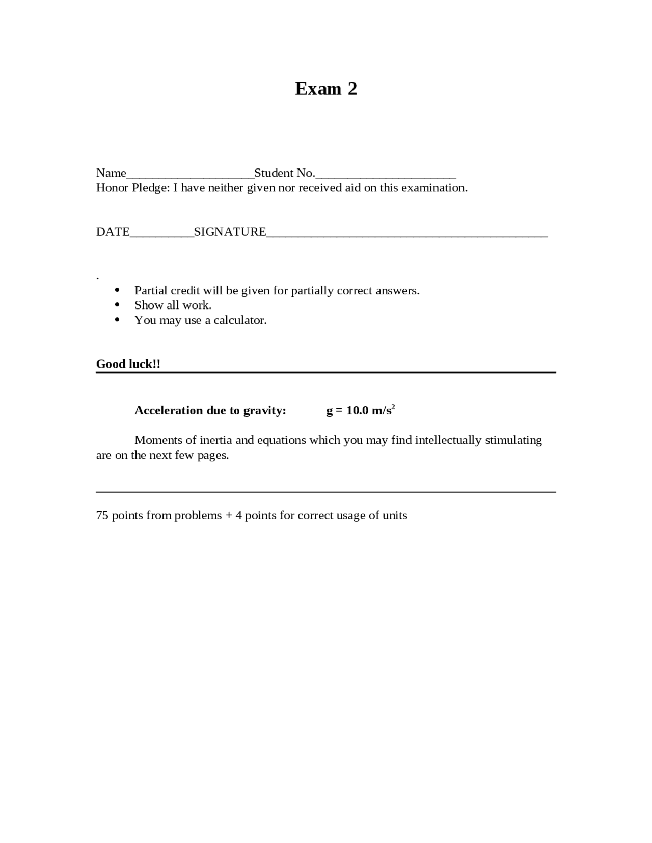Exam 2 With Manual Solution General Physics I Phy 113 Docsity
