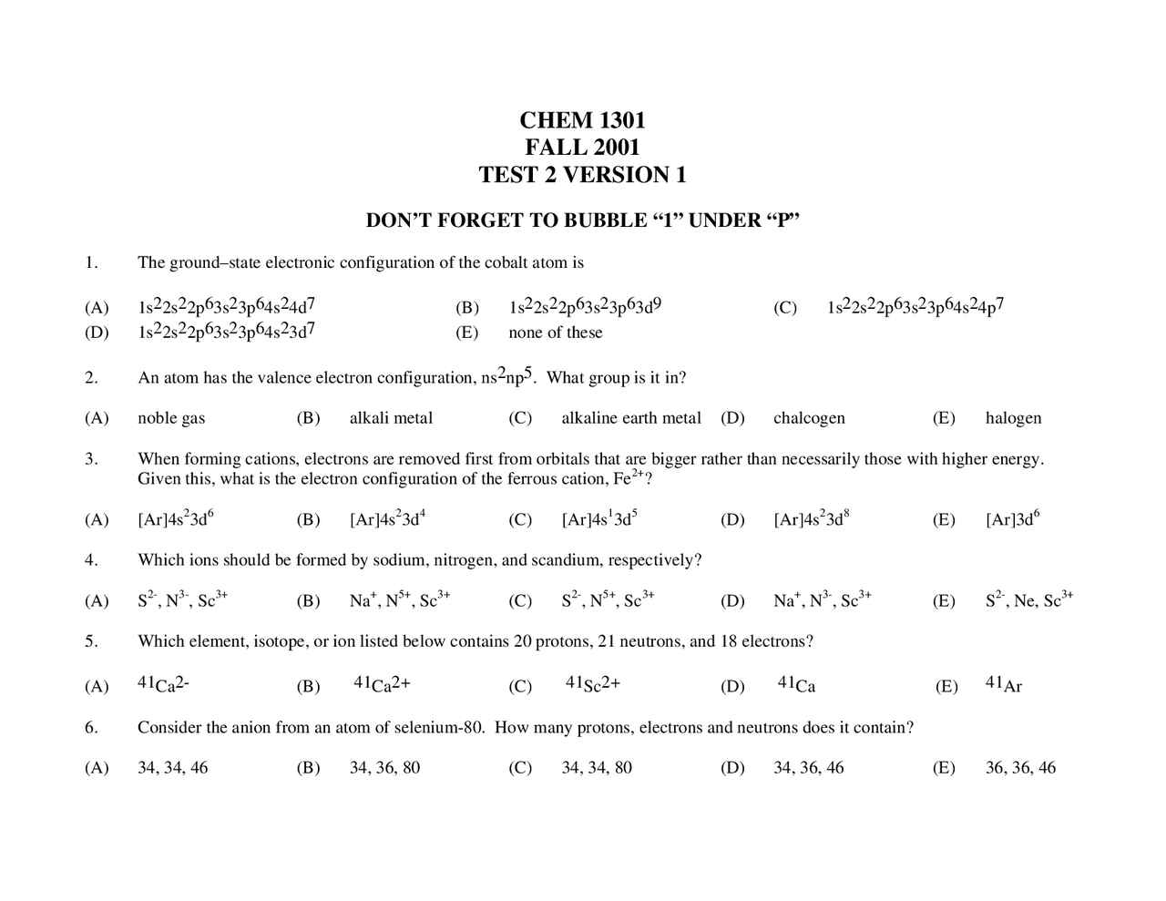 20 Multiple Choice Questions On Foundations Of Chemistry Test 2 Chem