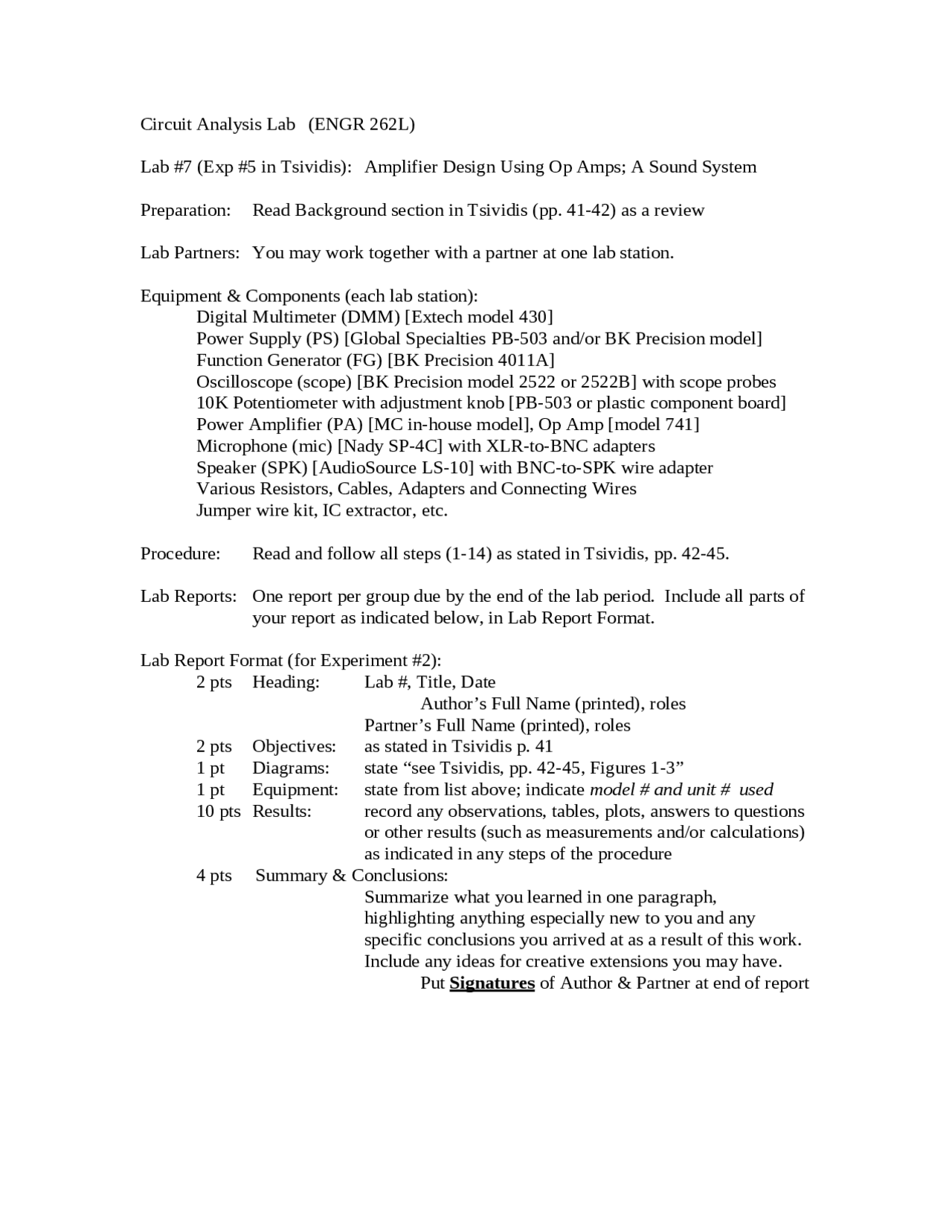 Amplifier Design Using Op Amps A Sound System Lab 7 Engr 262 Docsity