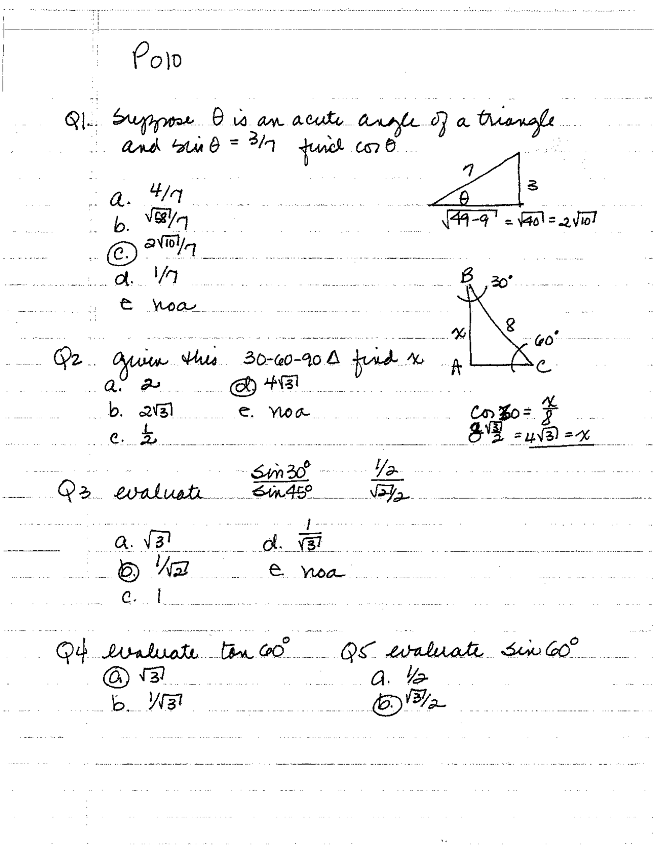 4 Multiple Choice Questions on Precalculus with Answers | MATH 1330 - Docsity