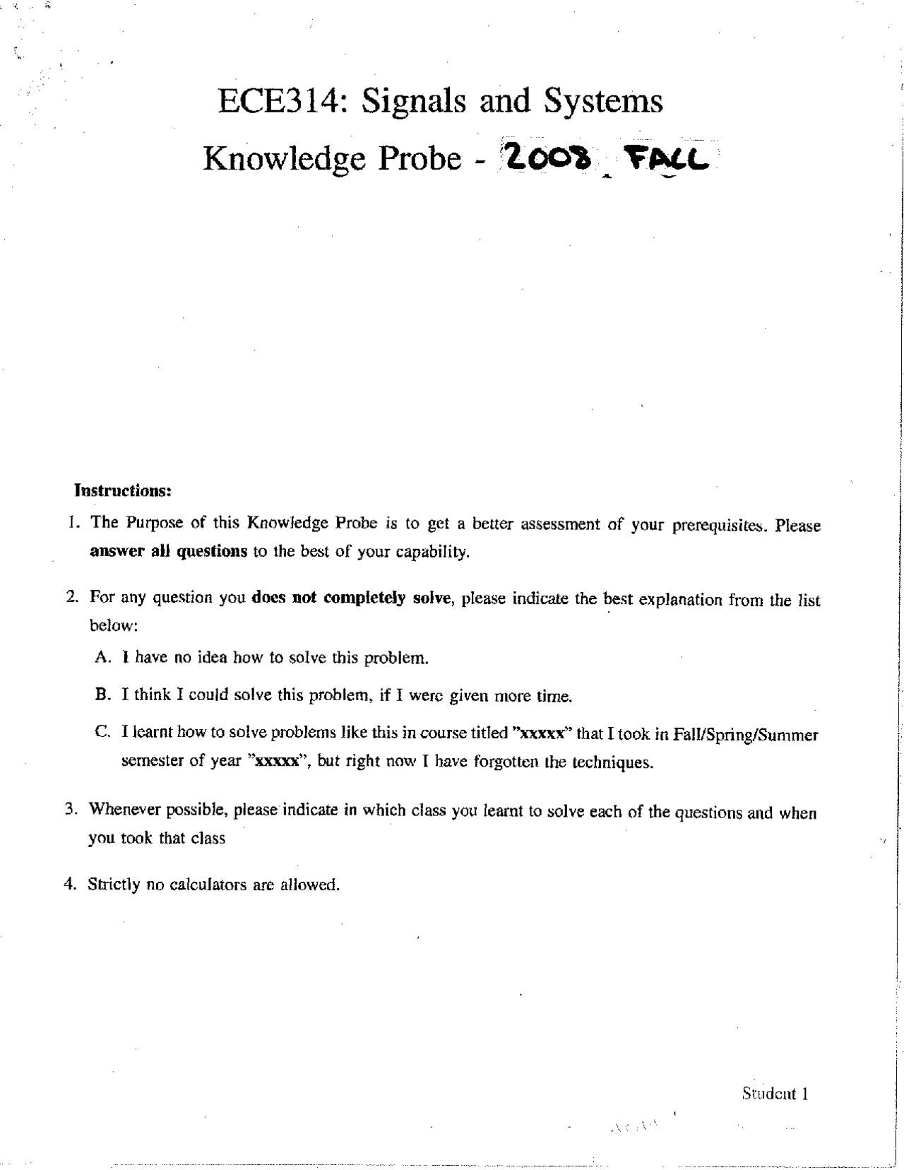 Knowledge Probe Signals And Systems Ece 314 Docsity