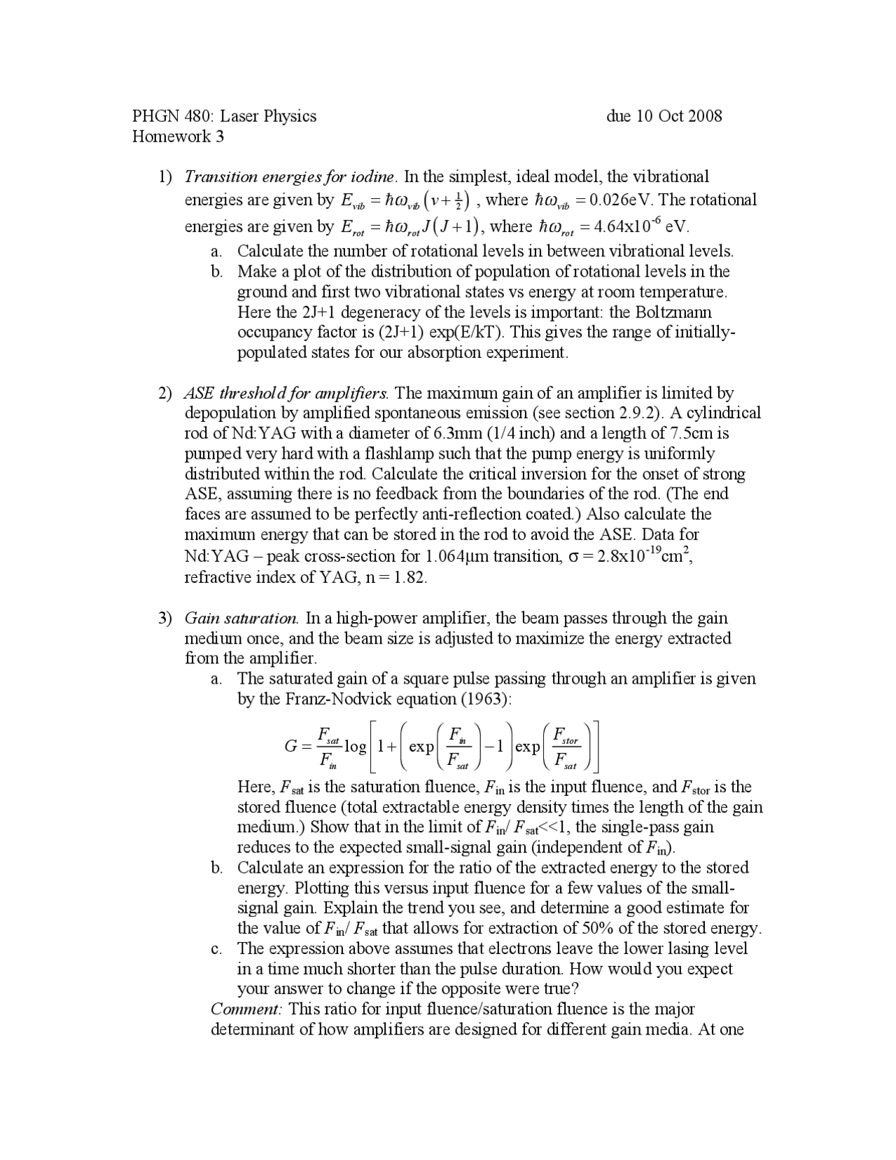 Laser Physics Assignment 3 Solutions Phgn 480 Docsity