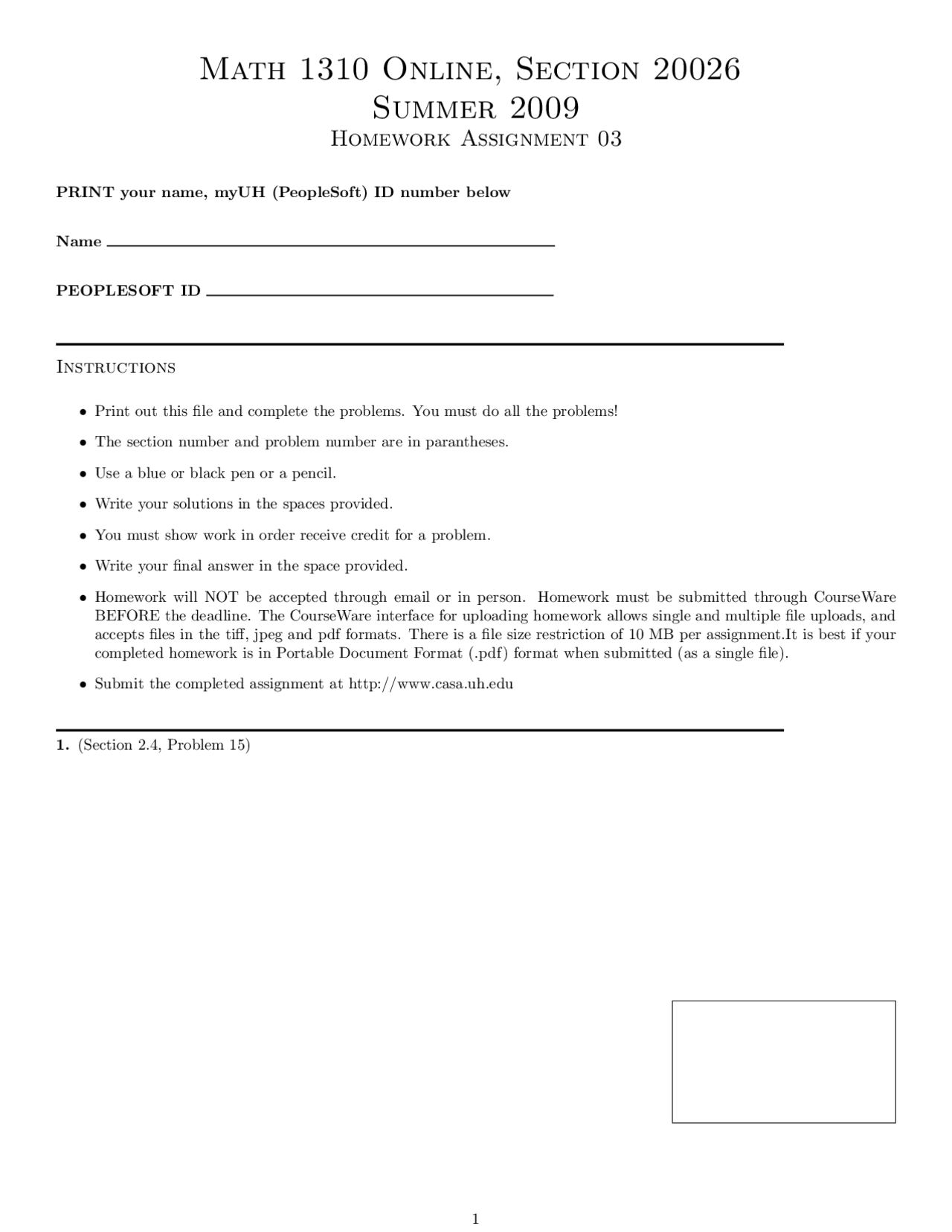 Math 1310 Online Homework Assignment 03 for Section 20026 (Summer 2009 ...