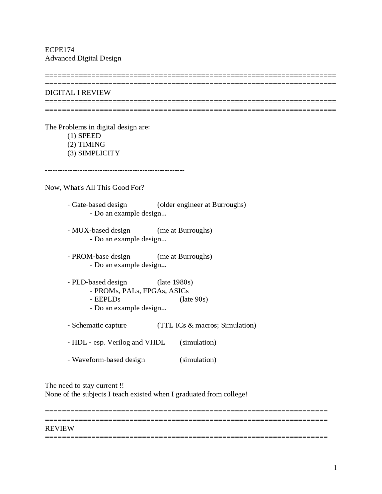 Digital 1 Review Sheet Advanced Digital Design Ecpe 174 Docsity