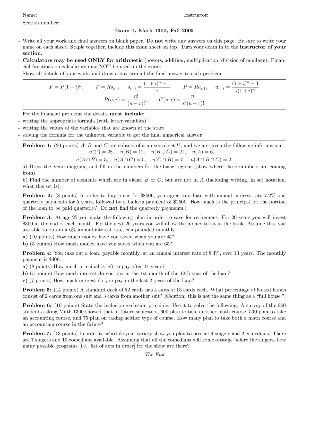 7 Problems Exam 1 Finite Mathematics Math 1300 Docsity