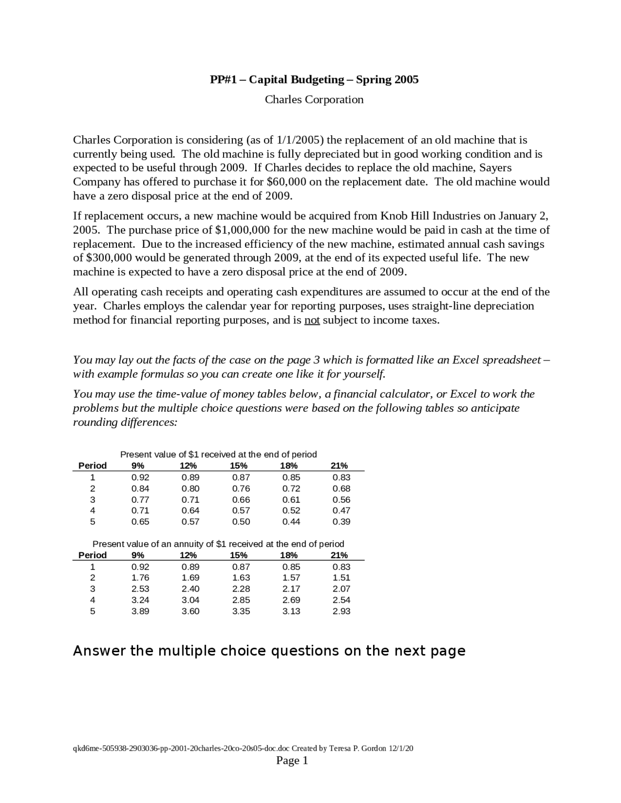 Capital Budgeting – Charles Corporation – Spring 2005 | ACCT 311 | Assignments Accounting | Docsity