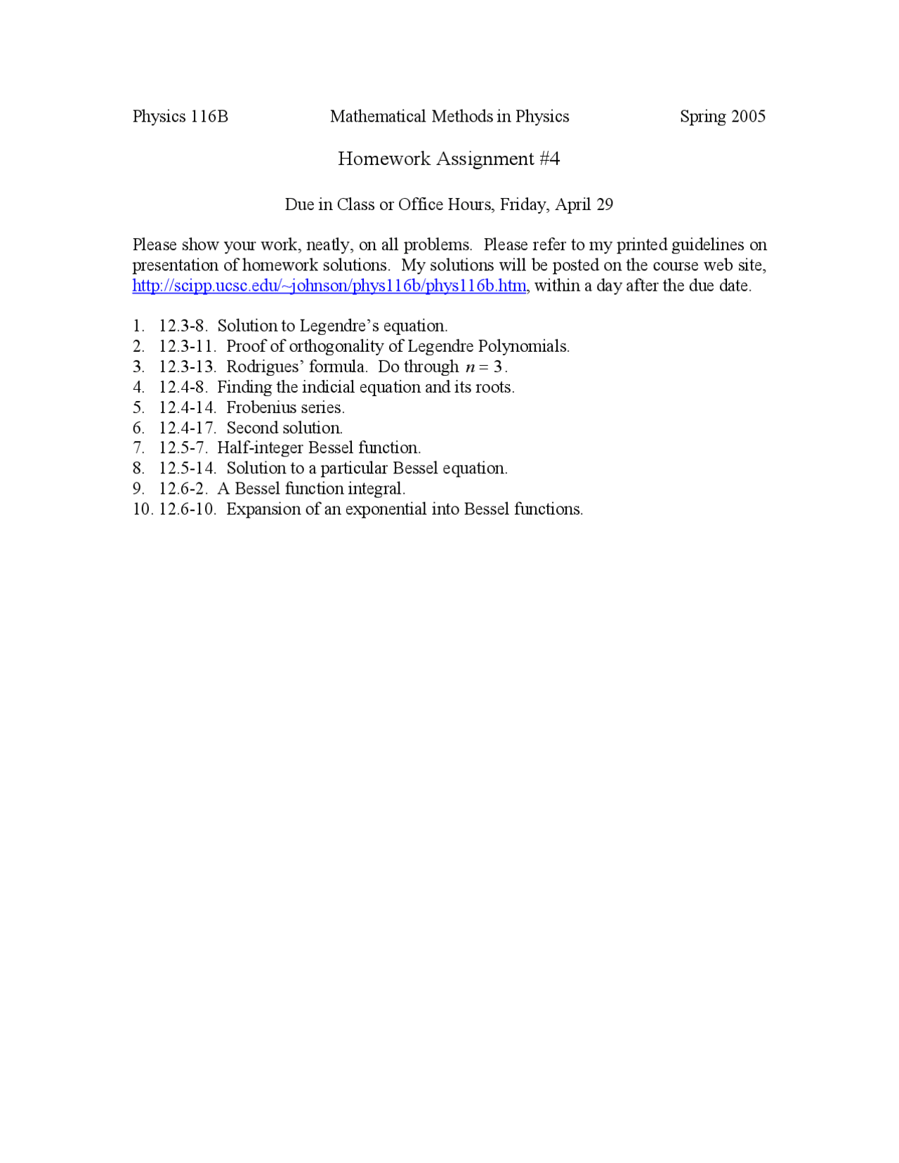 Homework 4 Mathematical Methods In Physics Phys 116 Docsity