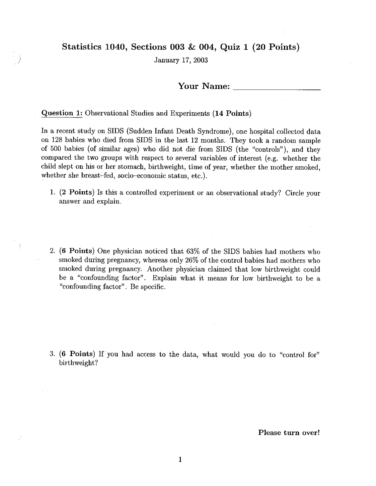 All Quizzes Combined Spring 2003 Introduction To Statistics Stat