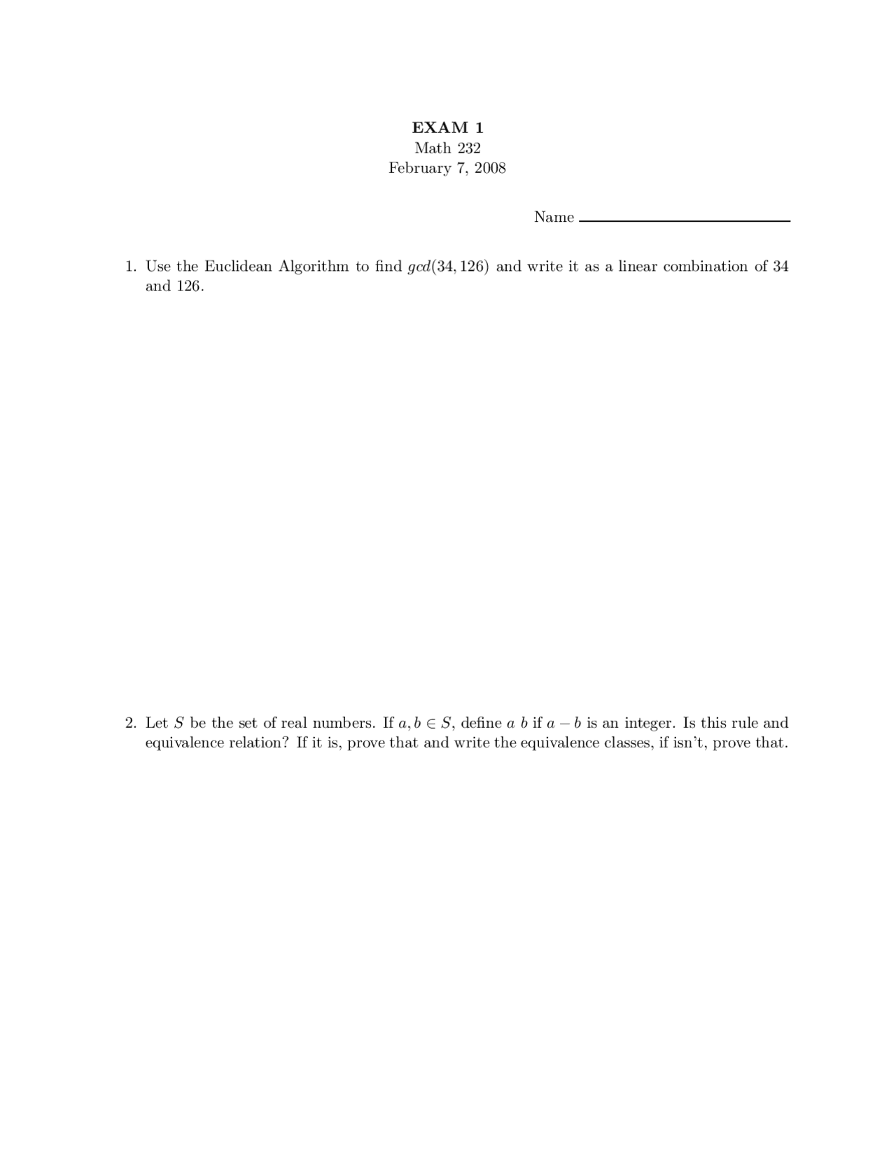 10 Problems on Set of Integers - Exam 1 | MATH 232 - Docsity