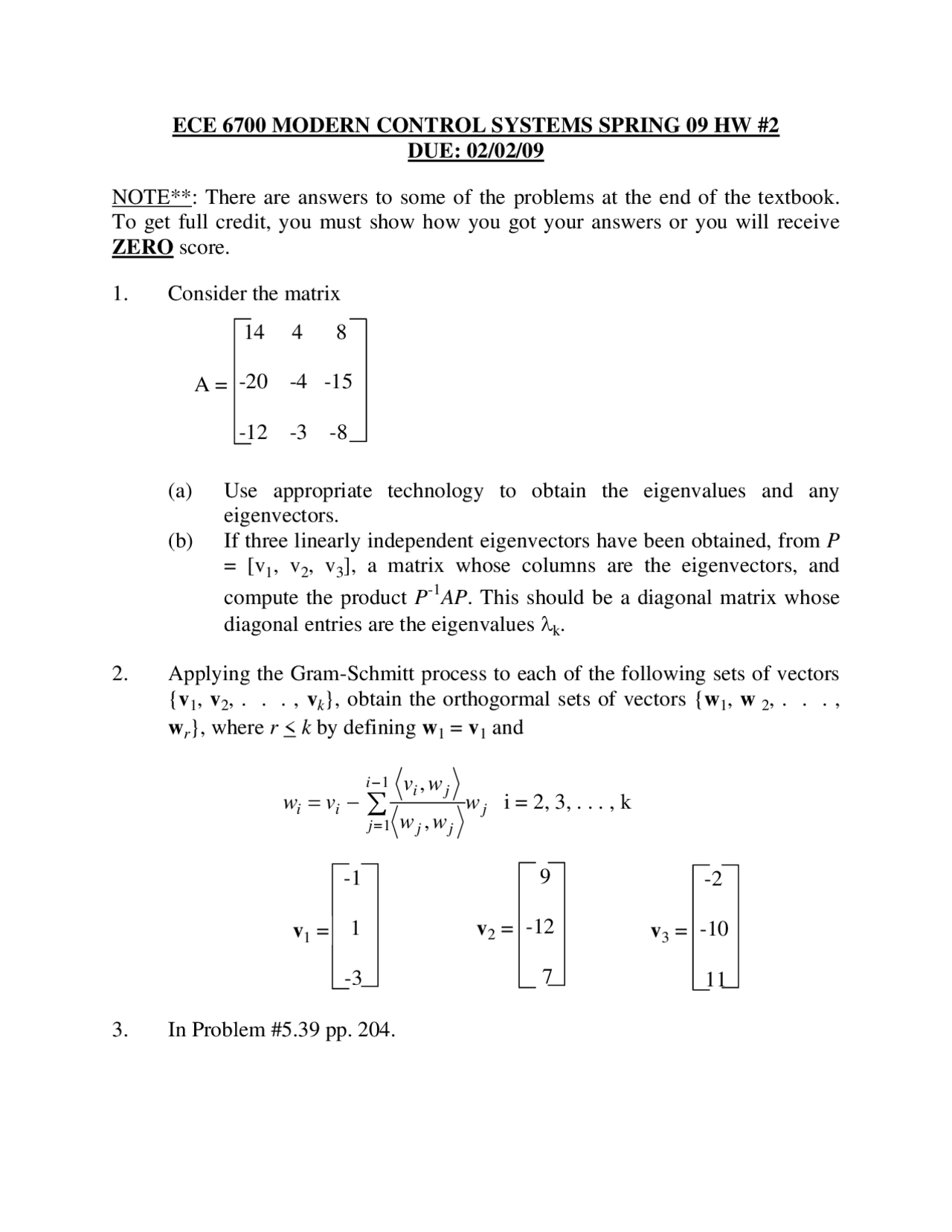 Modern Control Systems Homework 2 for ECE 6700 - Spring 09 - Prof. Johnson A. Asumadu ...