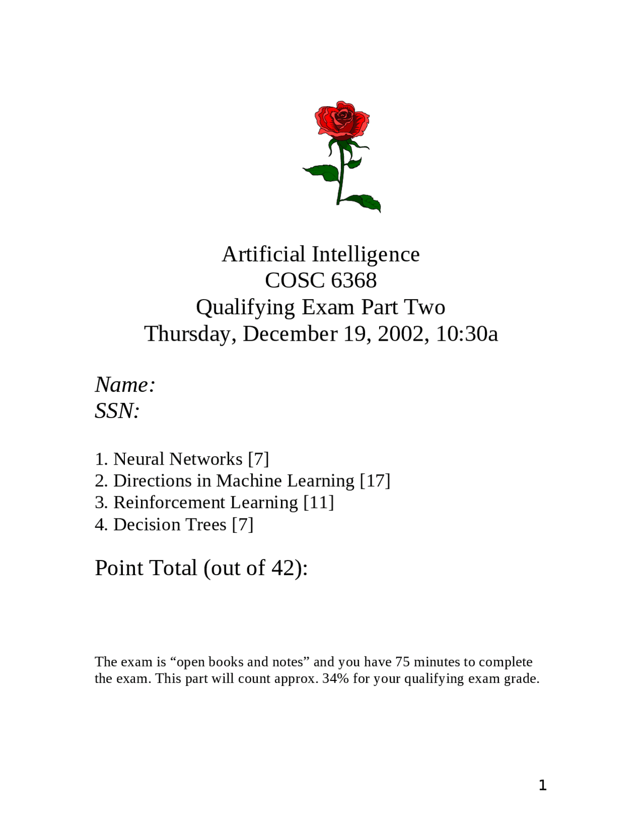 Study Questions for Exam 2 - Artificial Intelligence | COSC 6368 - Docsity