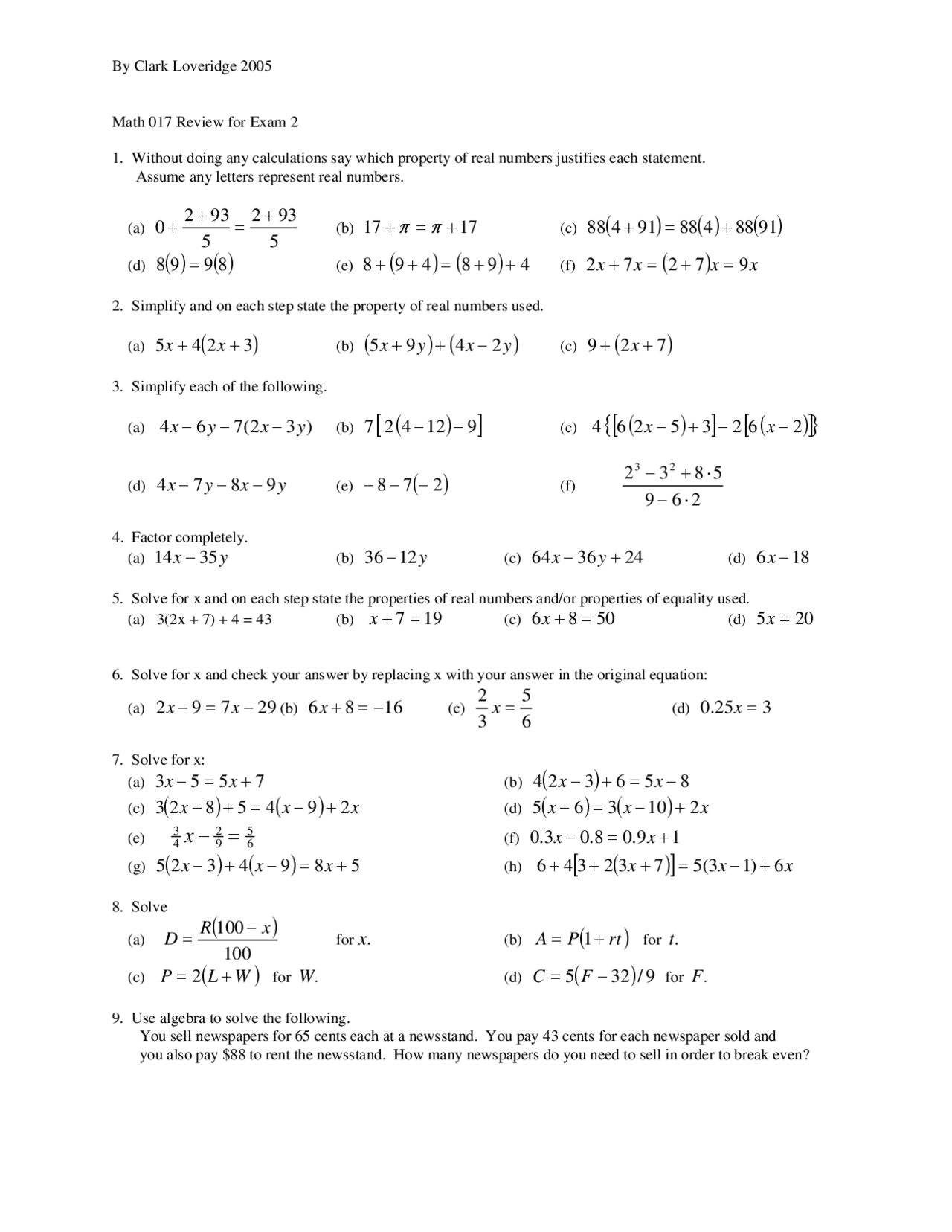 Review Sheet For Exam 2 Elementary Algebra Math 017 Docsity