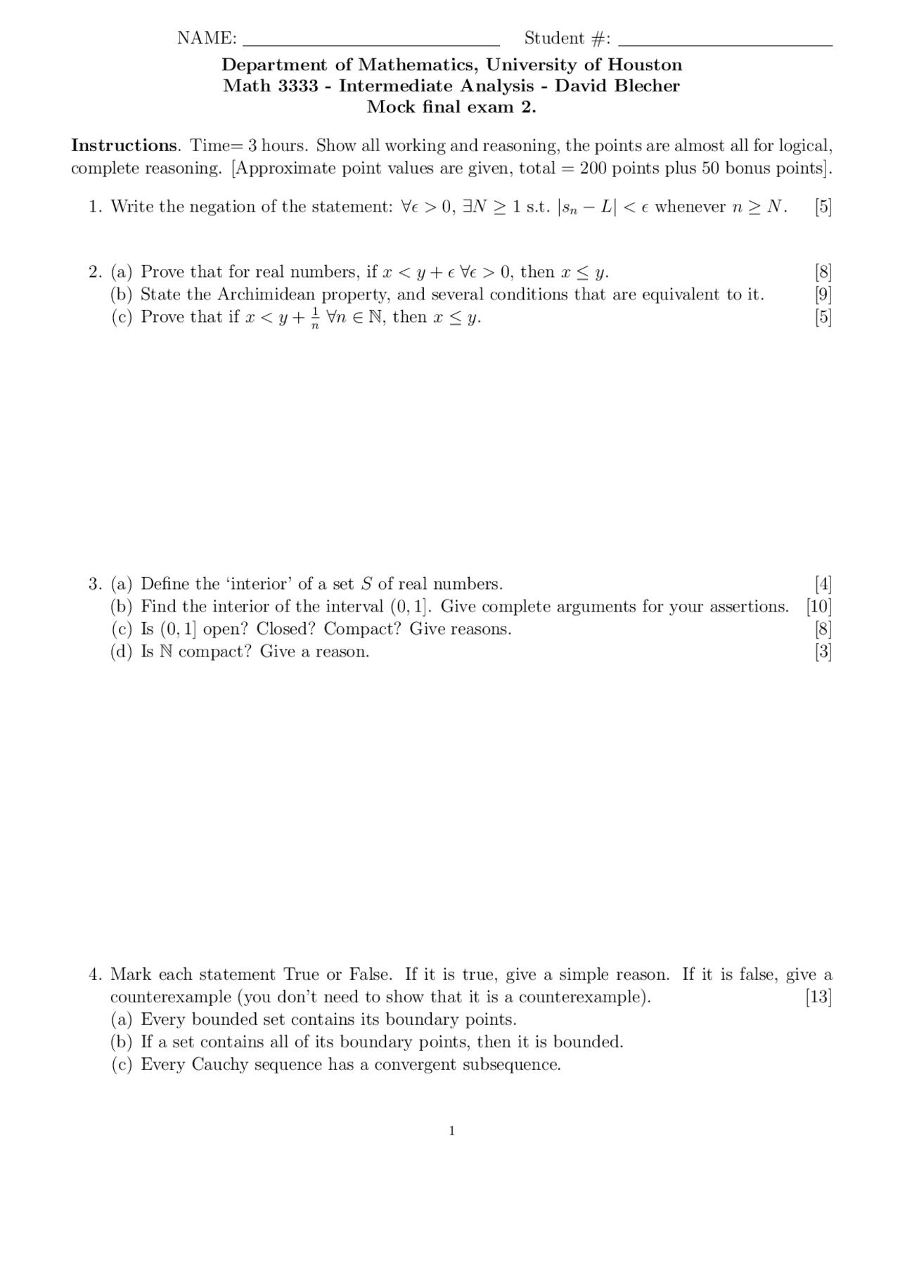 Mock Final Exam With 16 Questions Intermediate Analysis Math 3333