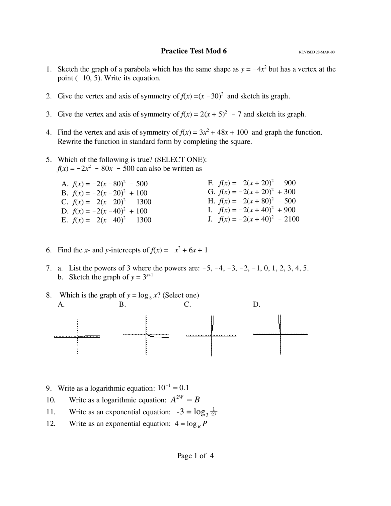 Practice Test Mod 6 With Answers Intermediate Algebra Ma 113 Docsity