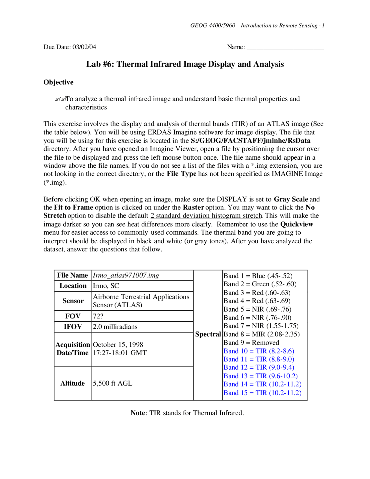 Lab 6: Thermal Infrared Image Display and Analysis | GEOG 4400 - Docsity