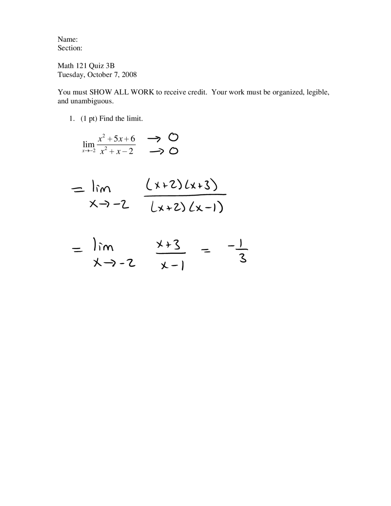 2 Problems With Solutions On Limits In Calculus I Quiz 3 Math 121