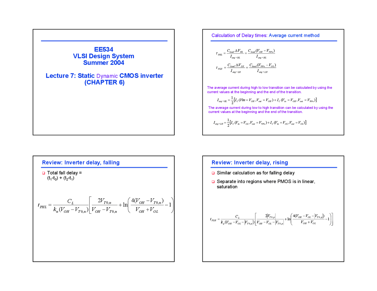Lecture Slides On Static Dynamic Cmos Inverter Ee 534 Docsity