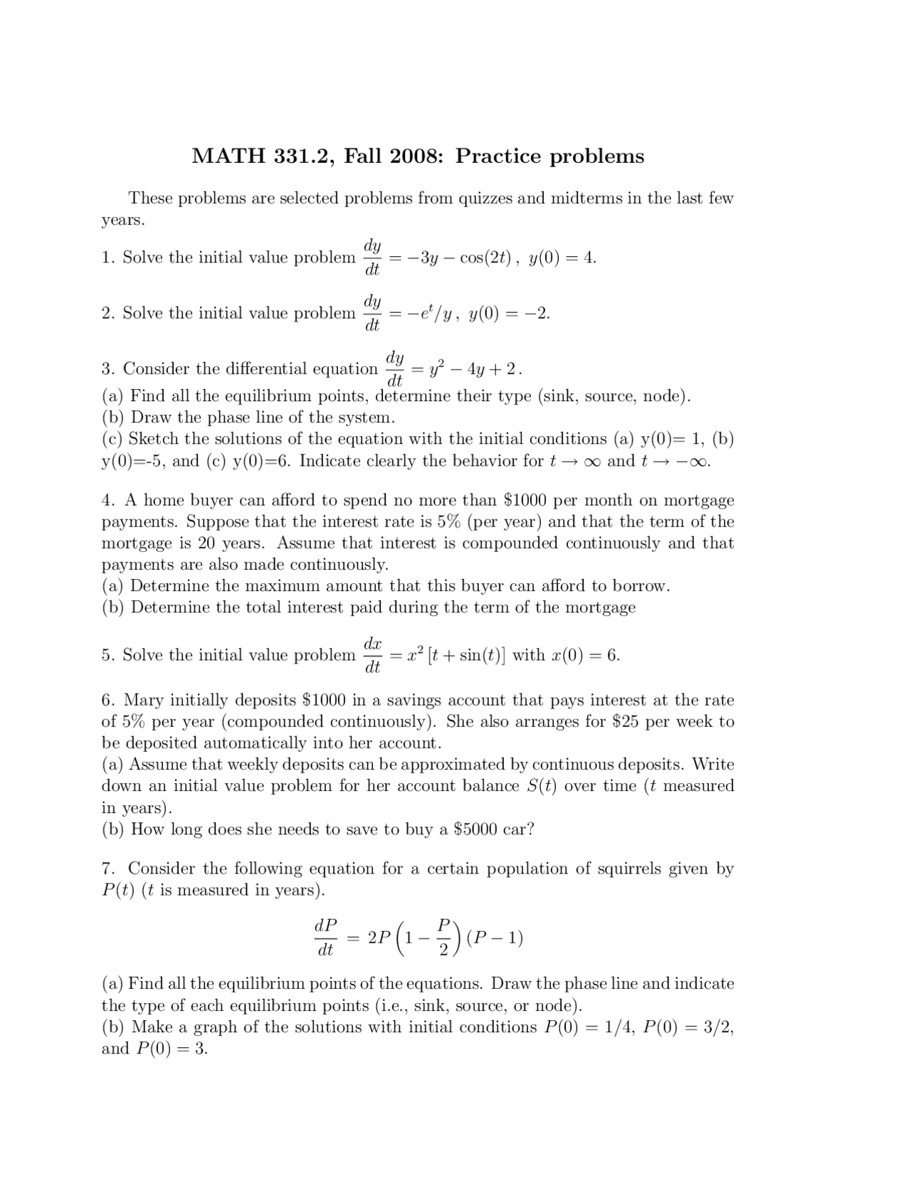 Midterm Practice Problems - Order Differential Equations/Science Engineering | MATH 331 | Exams ...