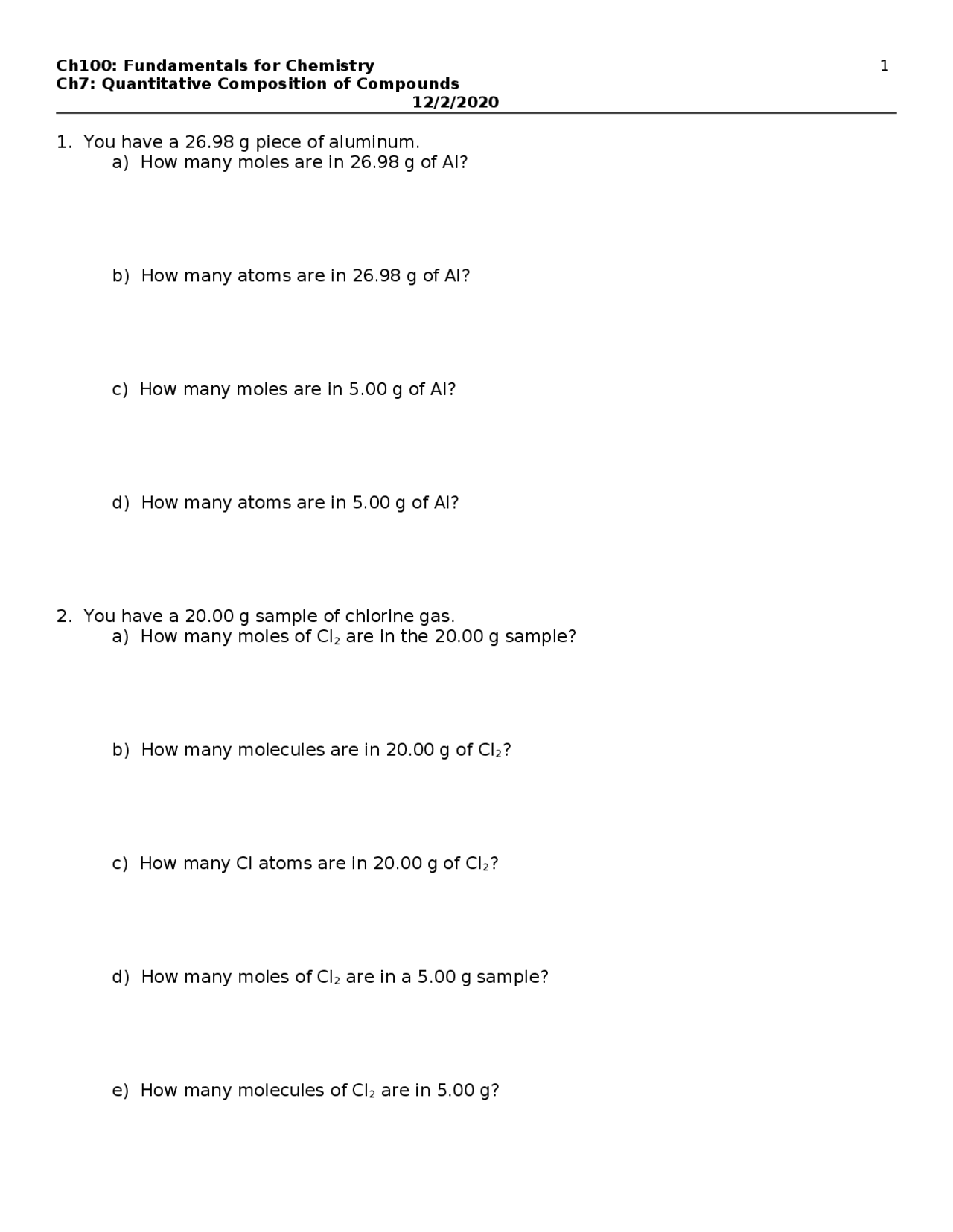 The Quantitative Composition Of The Compounds Homework 7 Ch 100