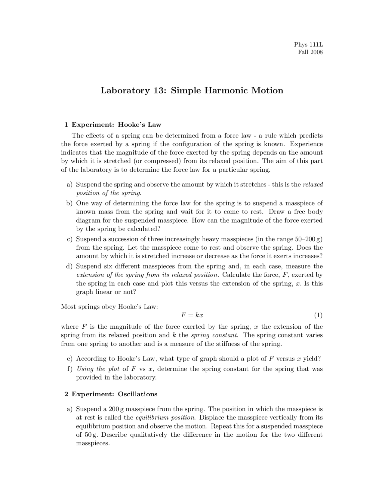 Lab 13 for Simple Harmonic Motion - General Physics | PHYS 111 | Lab ...