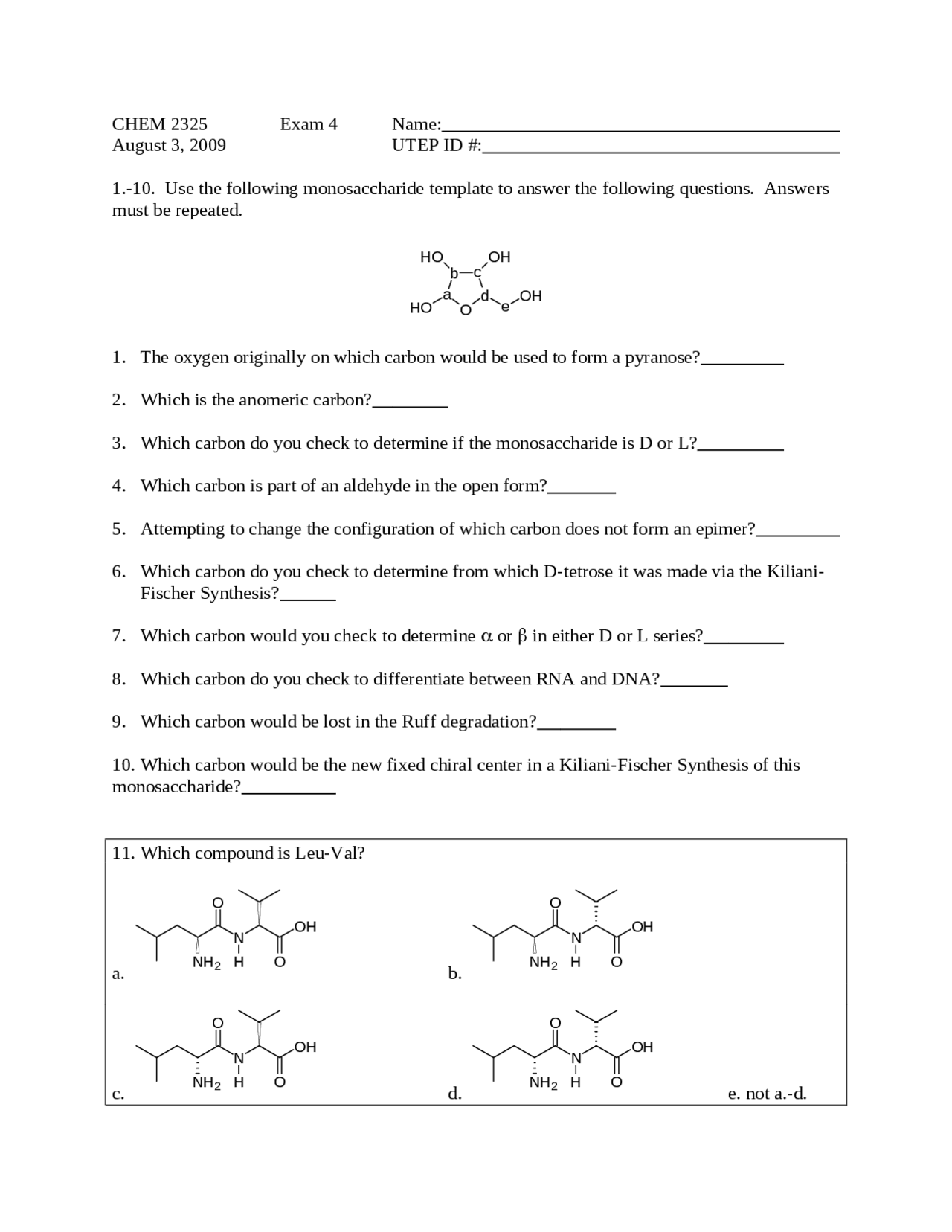20 Questions For Exam 4 Organic Chemistry Chem 2325 Docsity
