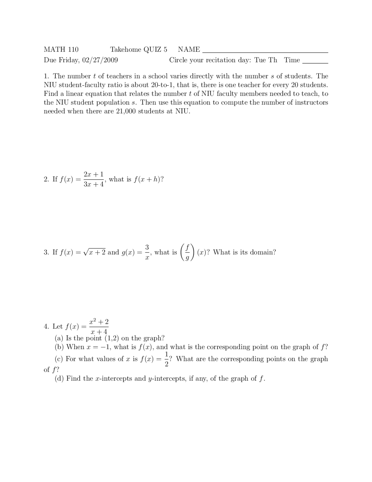 Take Home Quiz 5 College Algebra Math 110 Docsity