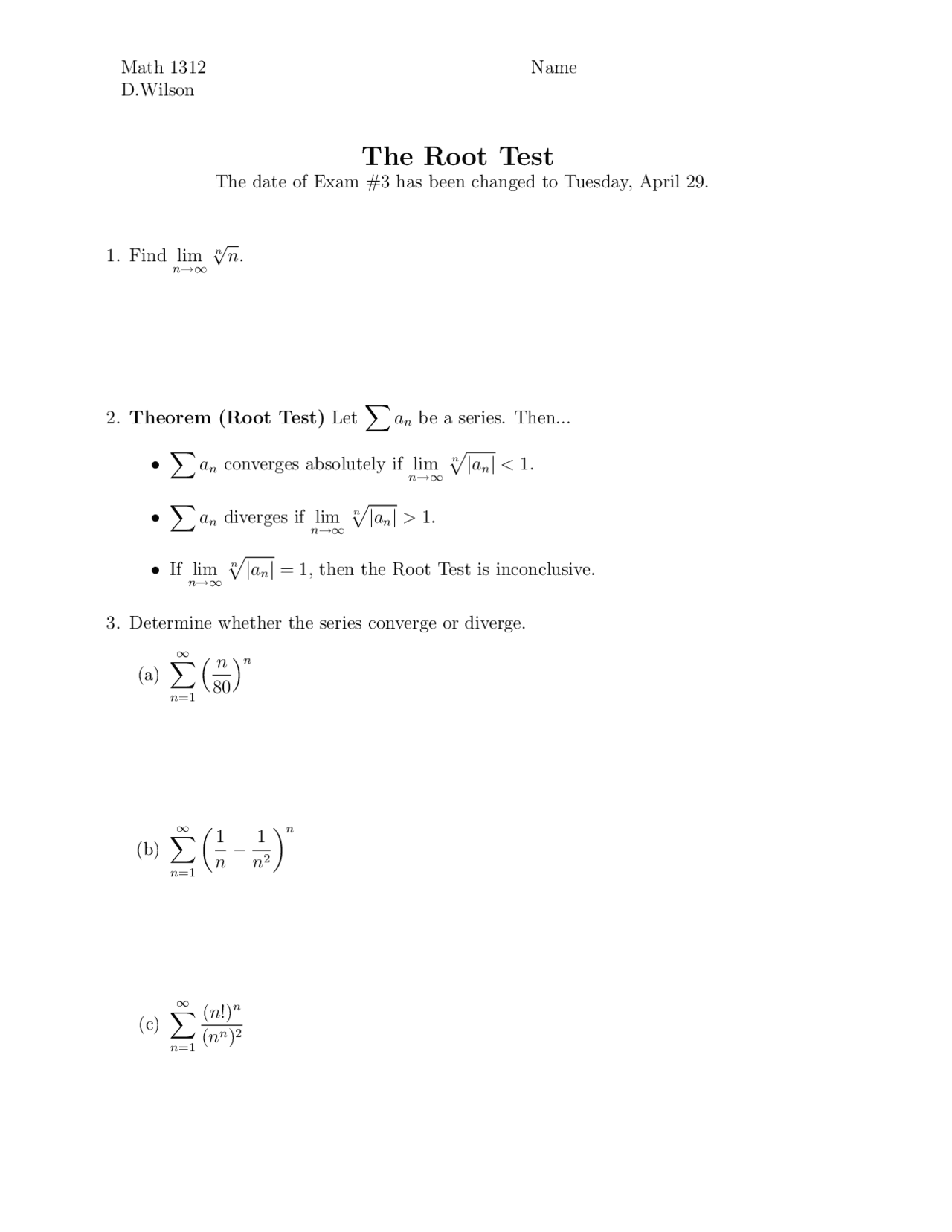 The Root Practice Exam 3 - Calculus II | MATH 1312 - Docsity