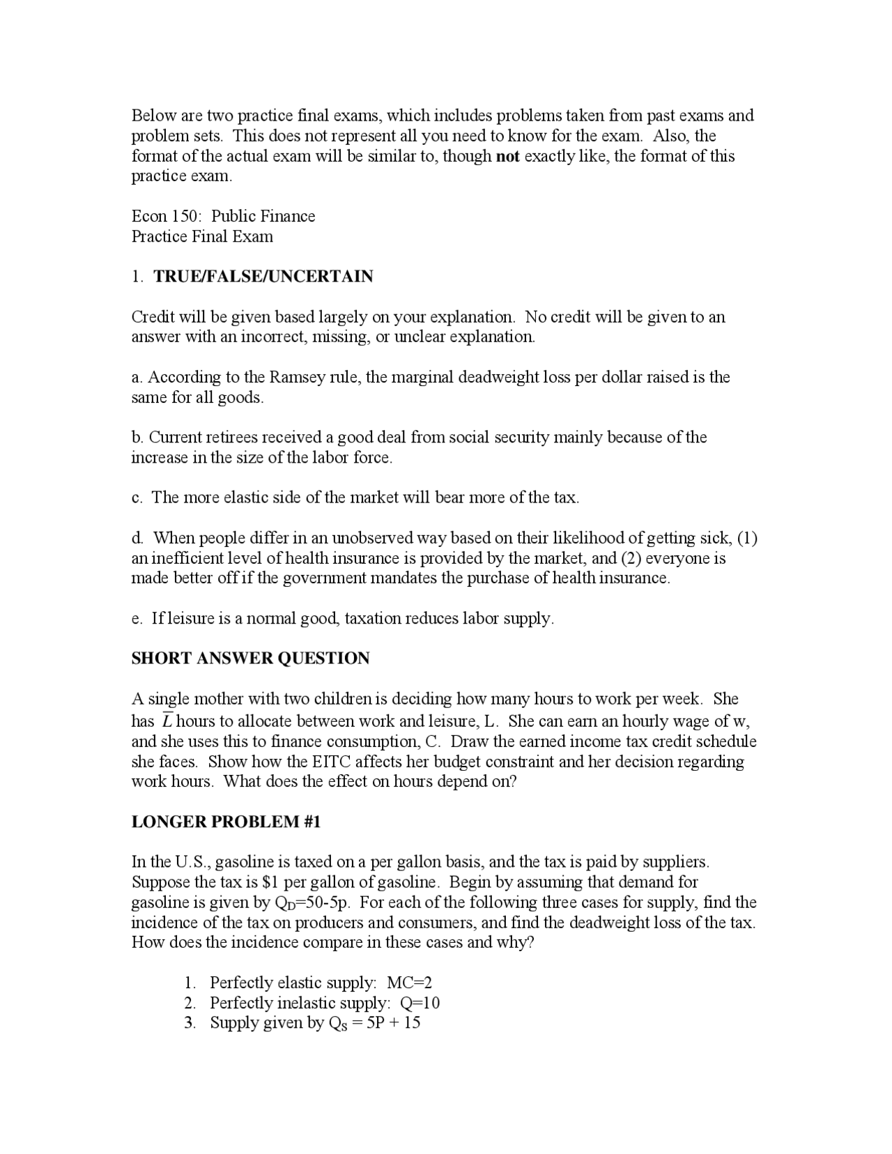 Practice Final Exam For Public Finance Econ 150 Docsity
