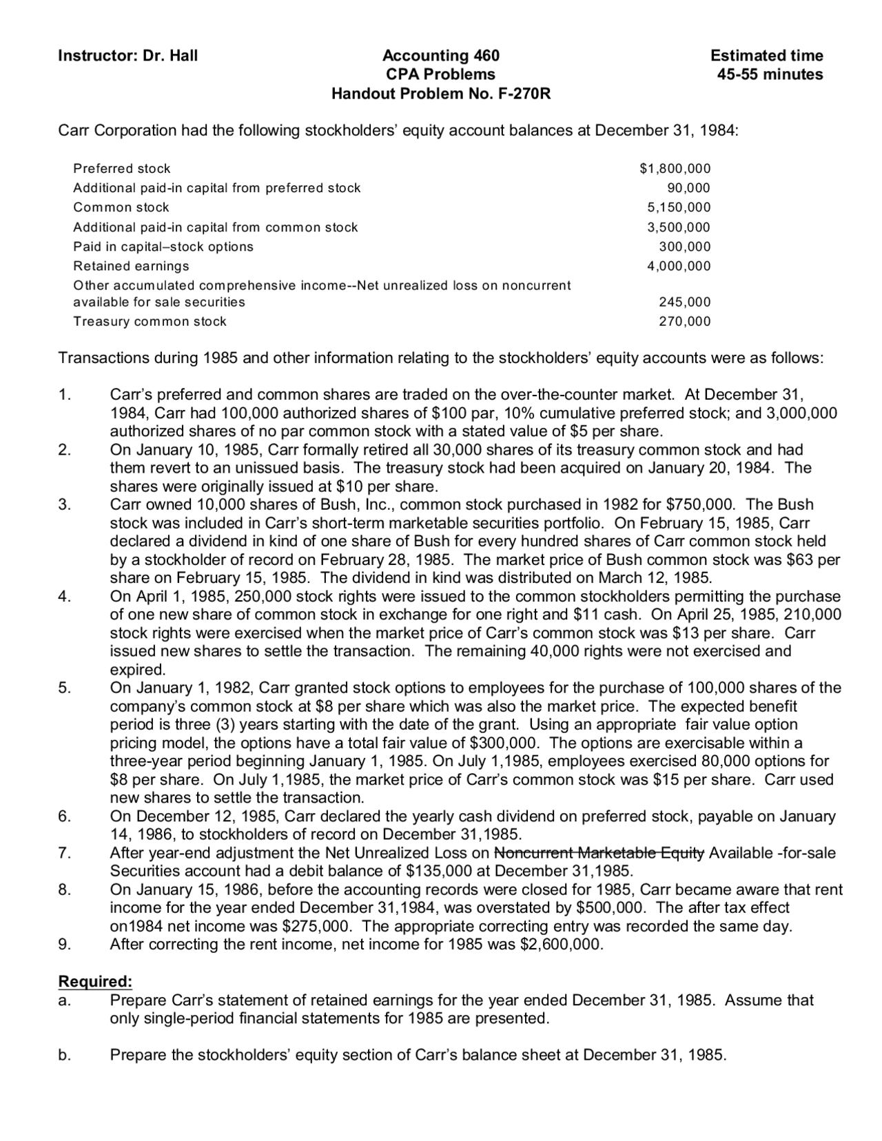 Handout Problem No F 270r Cpa Problems Acct 460 Docsity