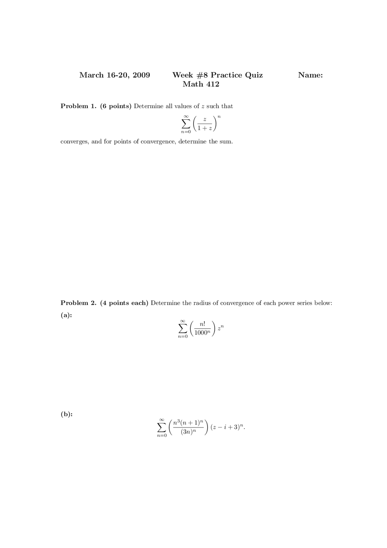 Complex Analysis Practice Quiz Math 412 Docsity