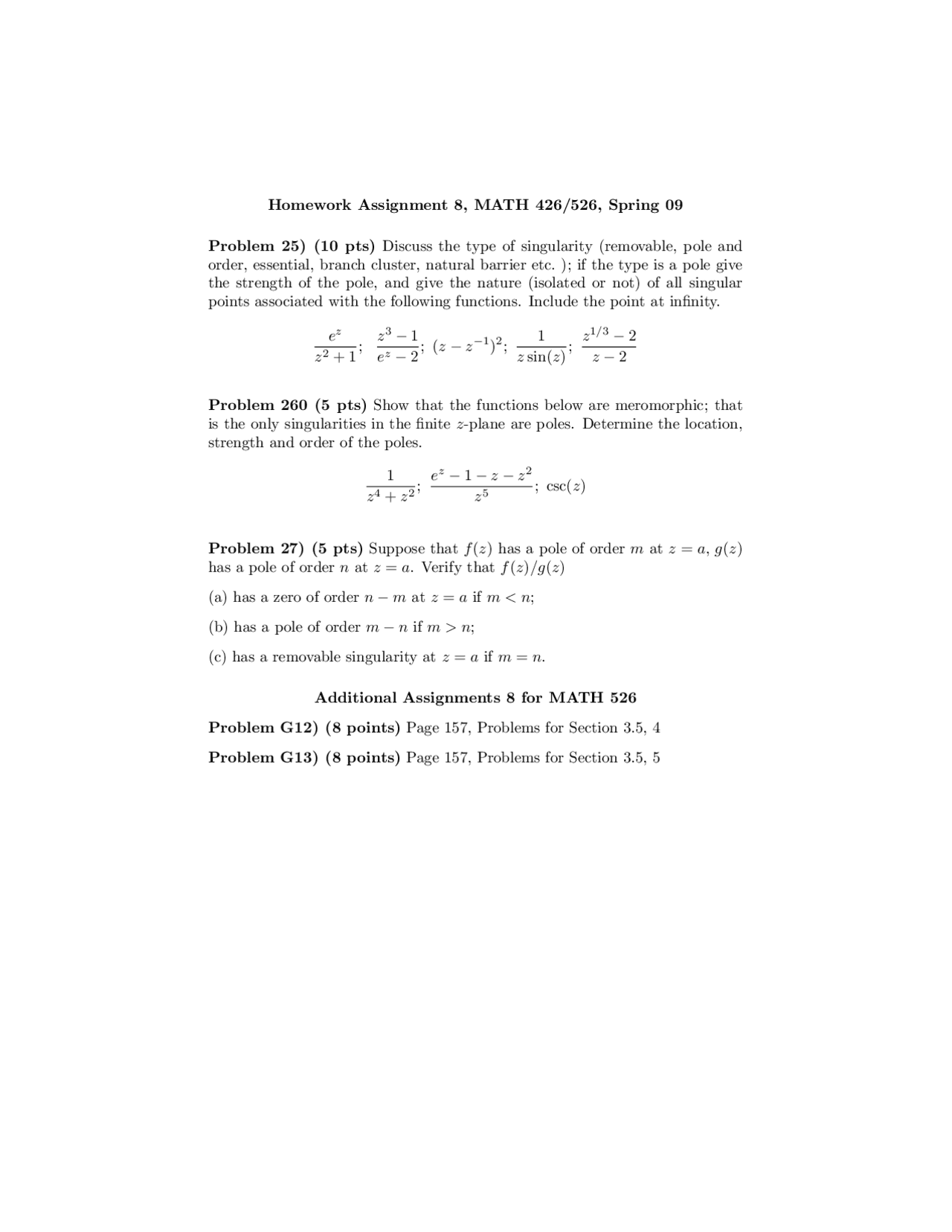 Problems On Complex Variables Assignment 8 Math 426 Docsity