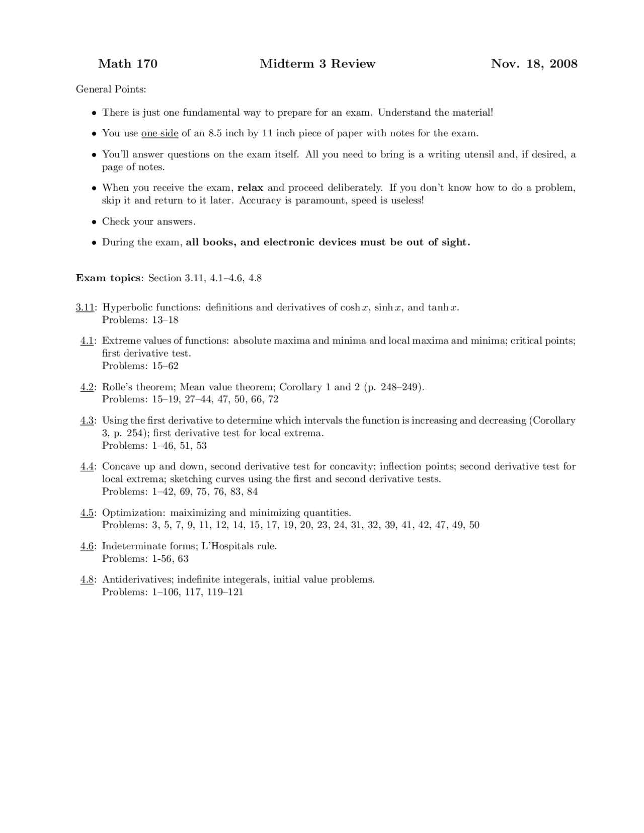 Midterm Examination 3 Review Calculus I Math 170 Docsity