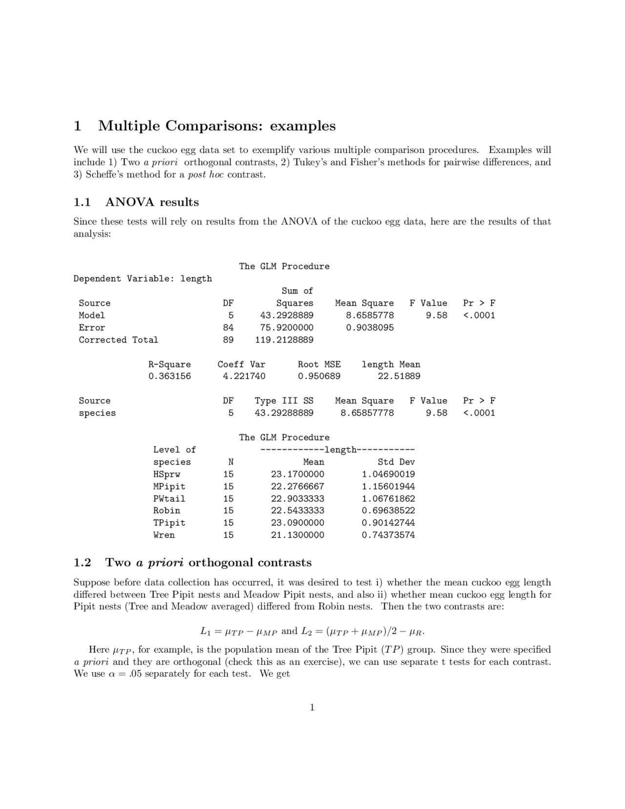 Multiple Comparisons Examples - Statistical Analysis | STAT 401 - Docsity