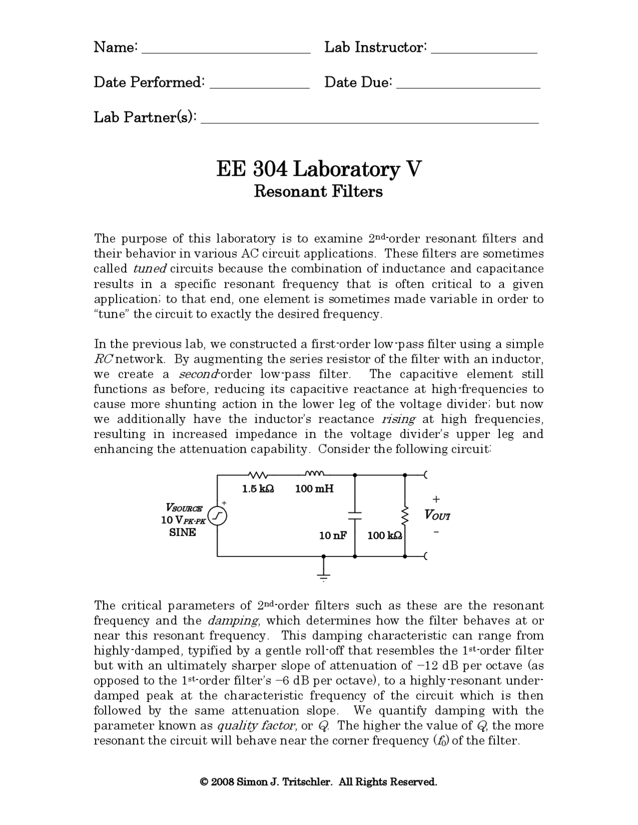 Resonant Filters In Circuit Analysis Ii Laboratory Ee 304 Docsity