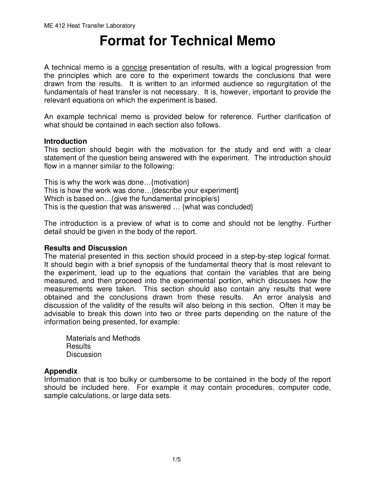 Format for Technical Memo - Heat Transfer Laboratory | ME 412 - Docsity