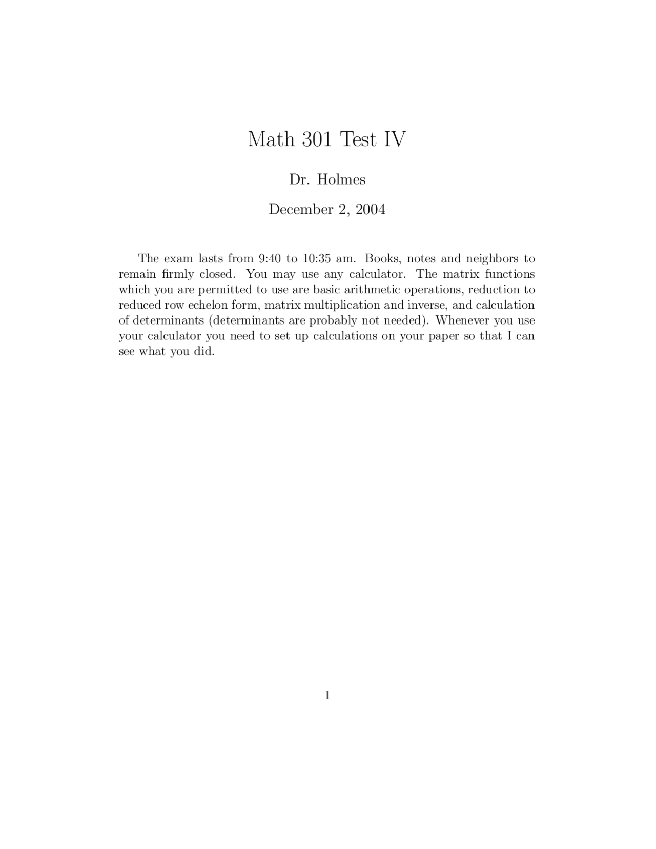 Problems To Consider Matrix In Linear Algebra Exam 4 Math 301 Docsity