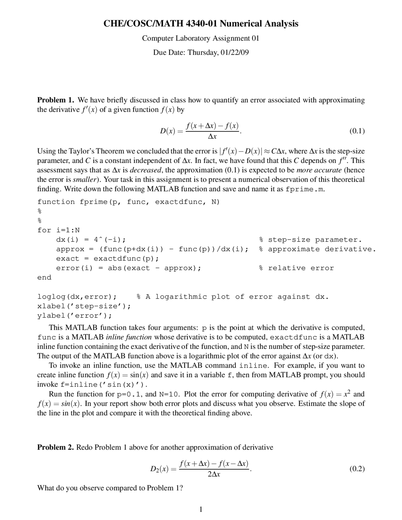 Numerical Analysis Assignment 1 Questions Math 4340 Docsity